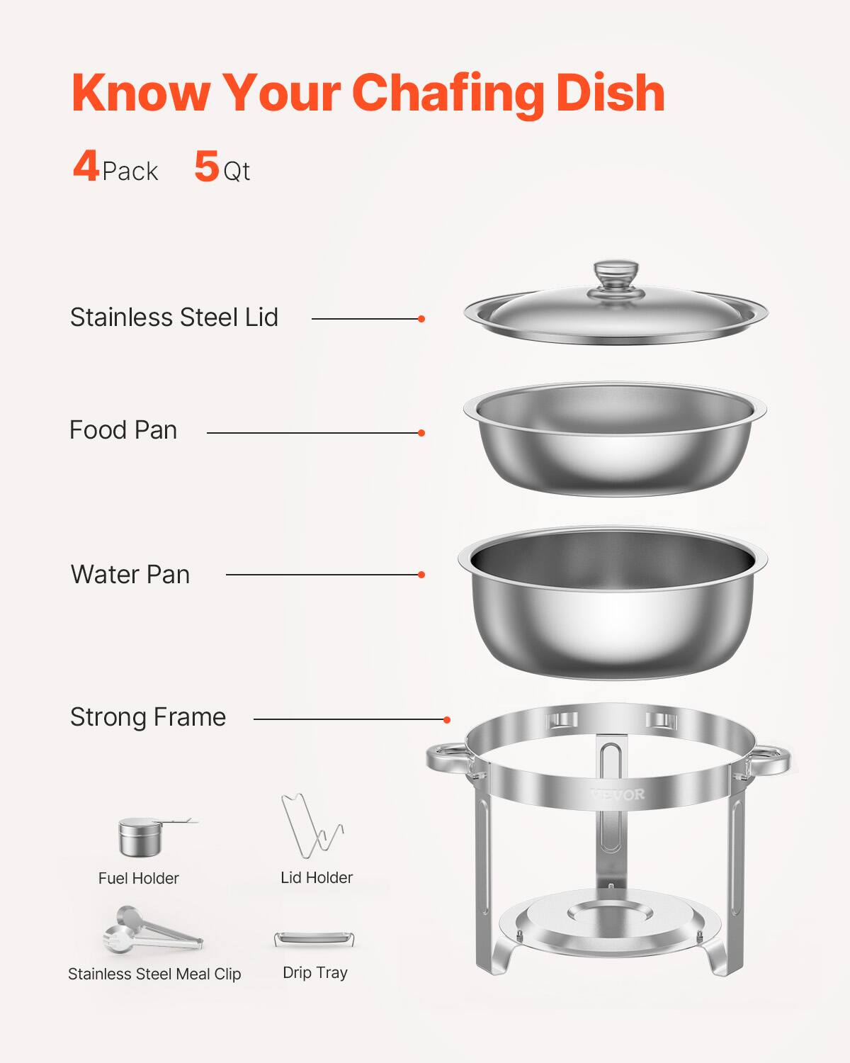 VEVOR Chafing Dish Buffet Set, 5 Qt 4 Pack, Stainless Steel Chafer with ...