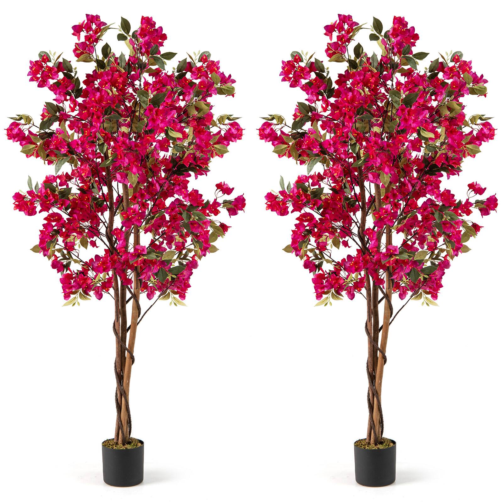 Gymax 6 FT Artificial Bougainvillea Tree Set of 2 Tall Faux Pre potted ...