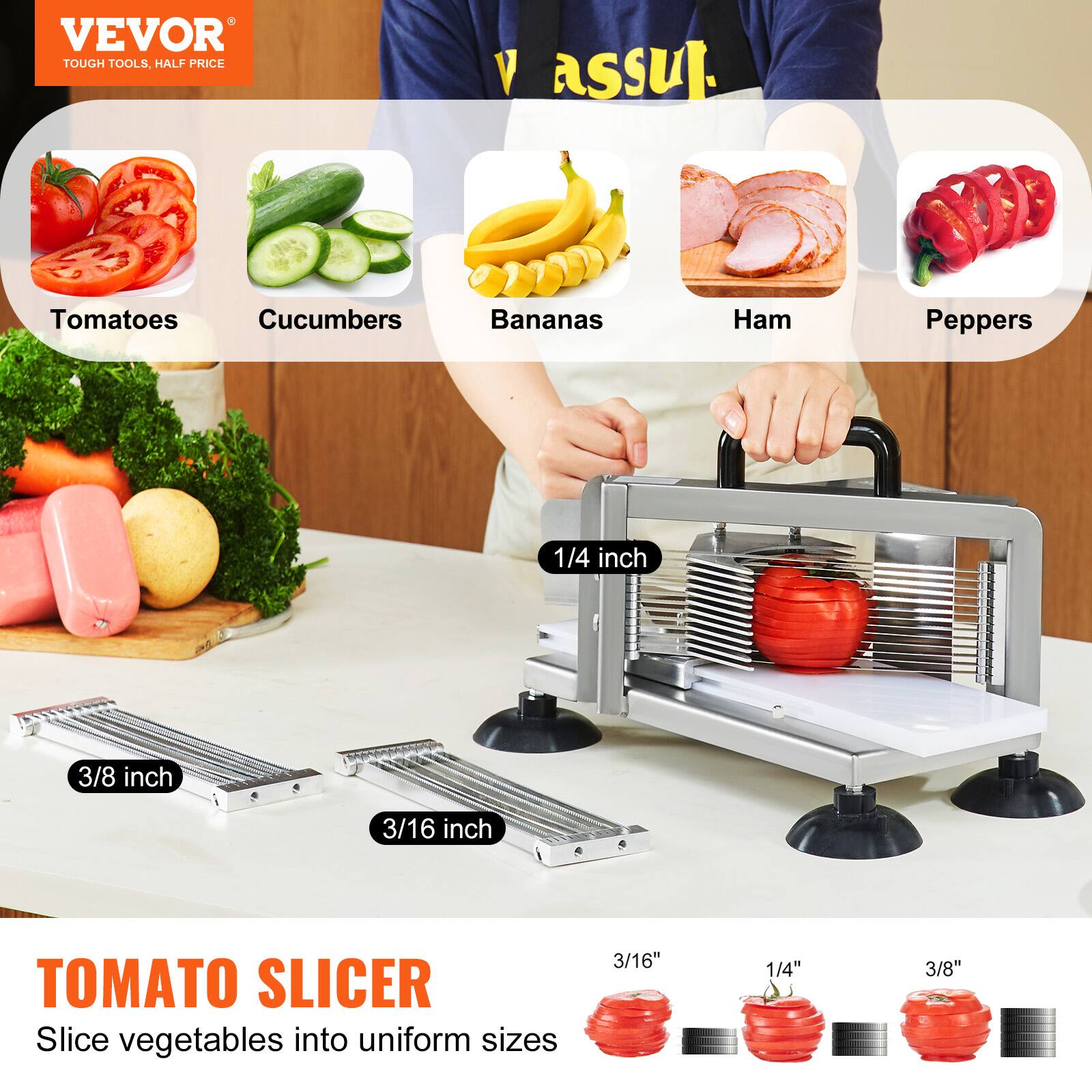 VEVOR Commercial Tomato Slicer, 1/4"+3/8"+3/16" Tomato Cutter Slicer ...