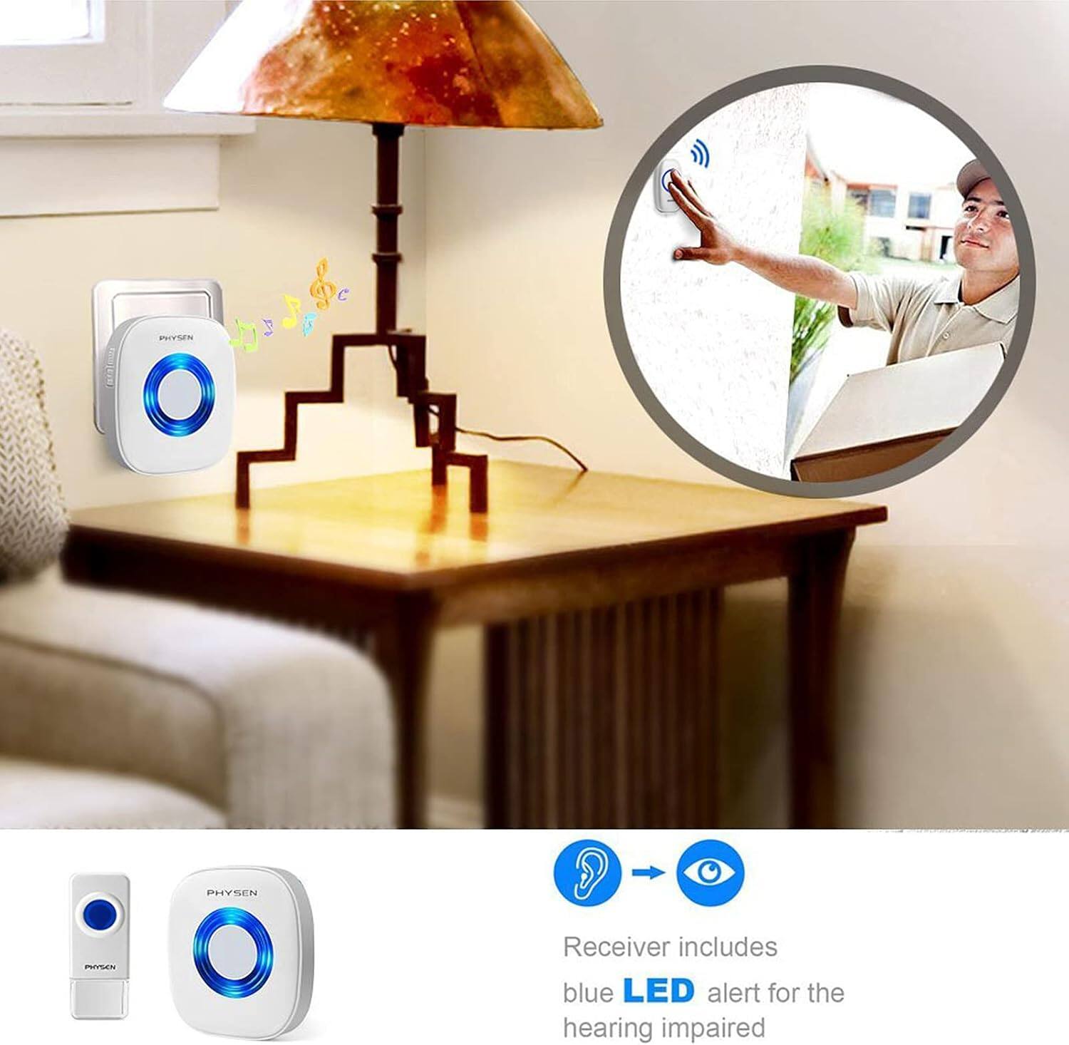 Schertz Wireless Doorbell – 1300ft range, waterproof, 58 melodies, 5 volume levels, LED flash, 2 ...