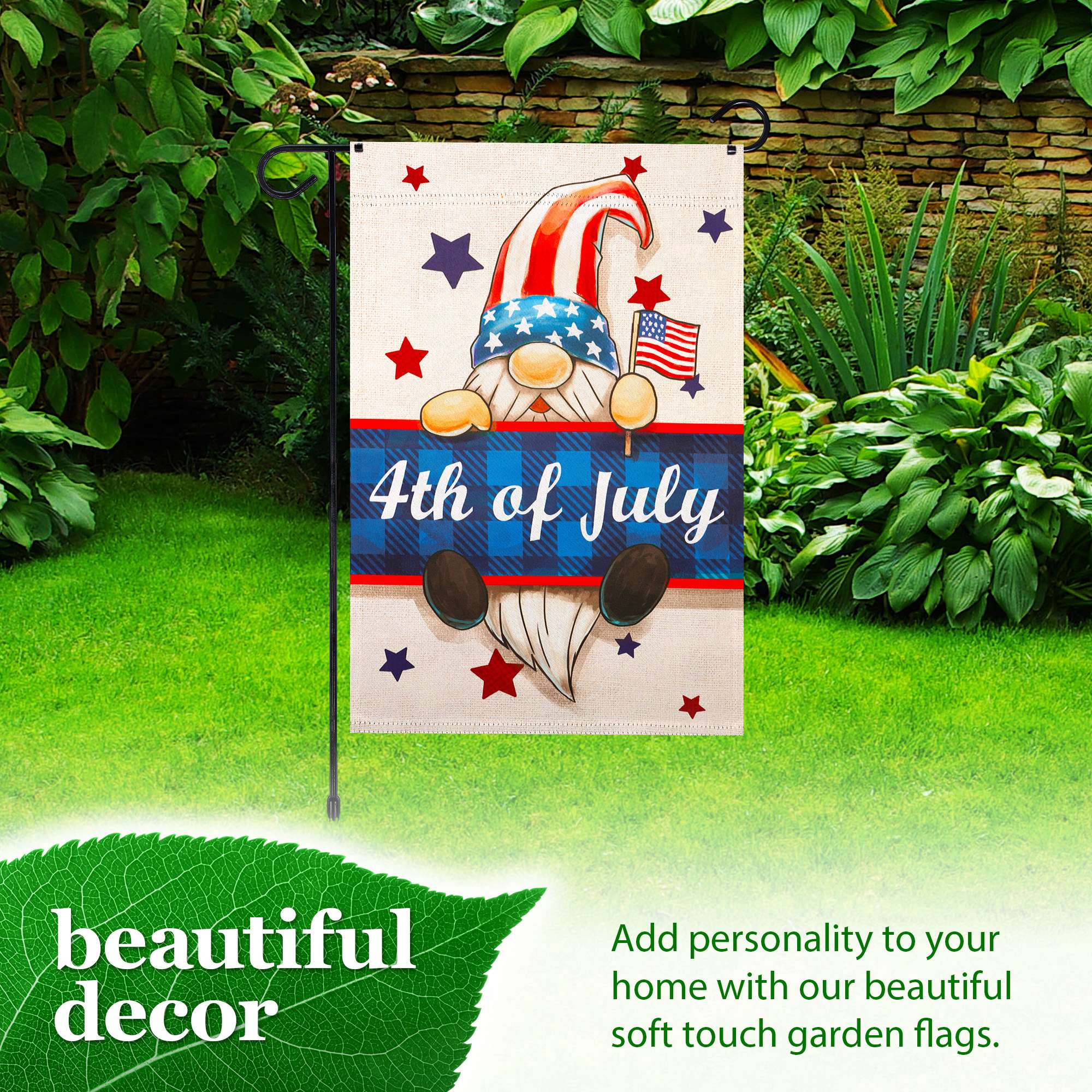 G128 Combo Pack: Garden Flag Stand 36x16 in & 4th of July Gnome Printed ...