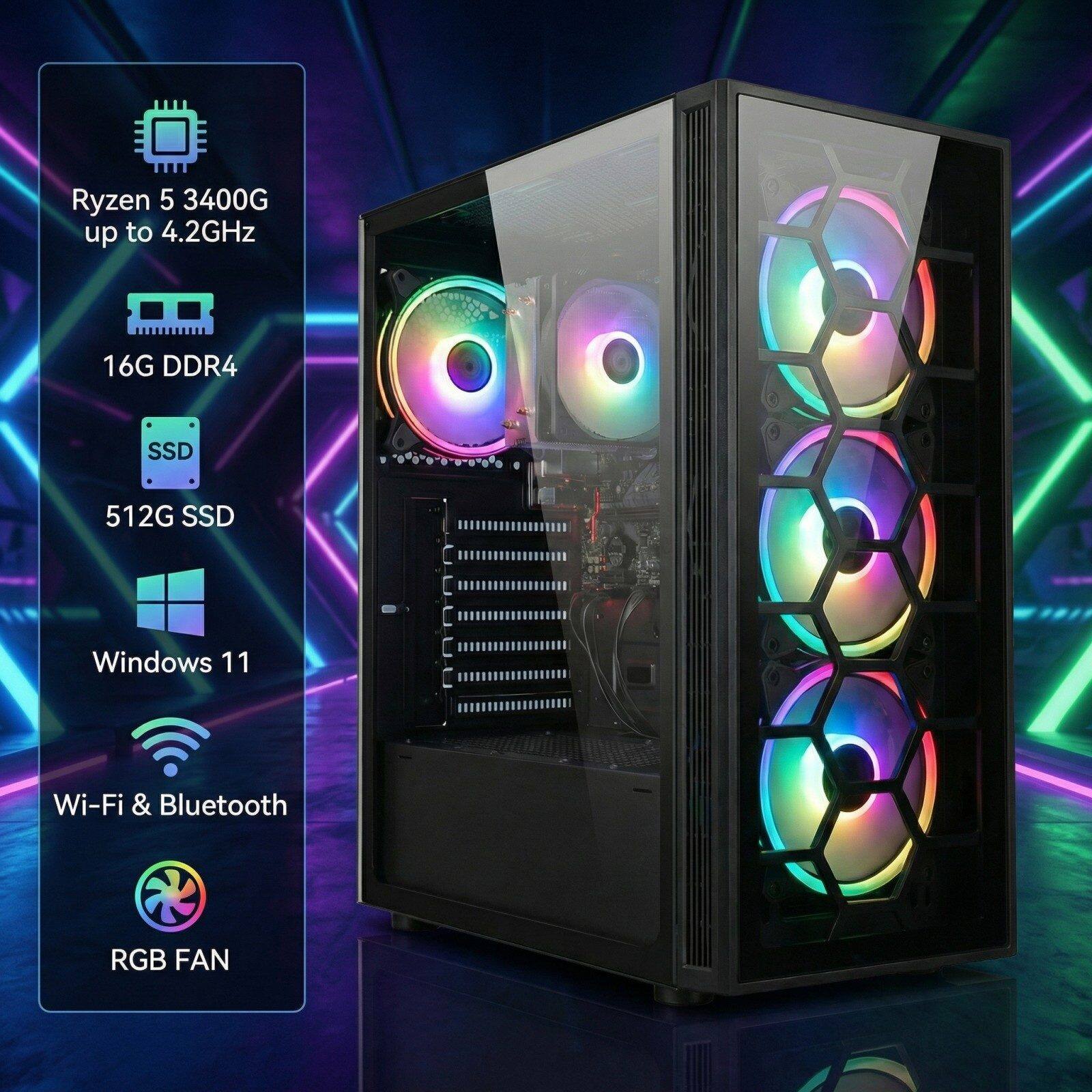STGAubron RGB Desktop PC Computer, AMD Ryzen 5 3400G up to 4.2GHz, 16G ...