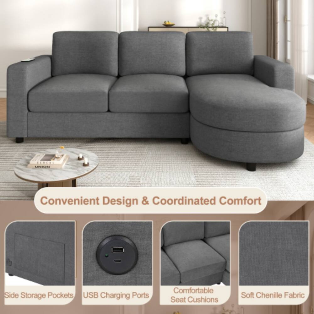 LUCKY ONE 84.6" L Shaped Modular Sectional Sofa w/ Curved Chaise Lounge ...