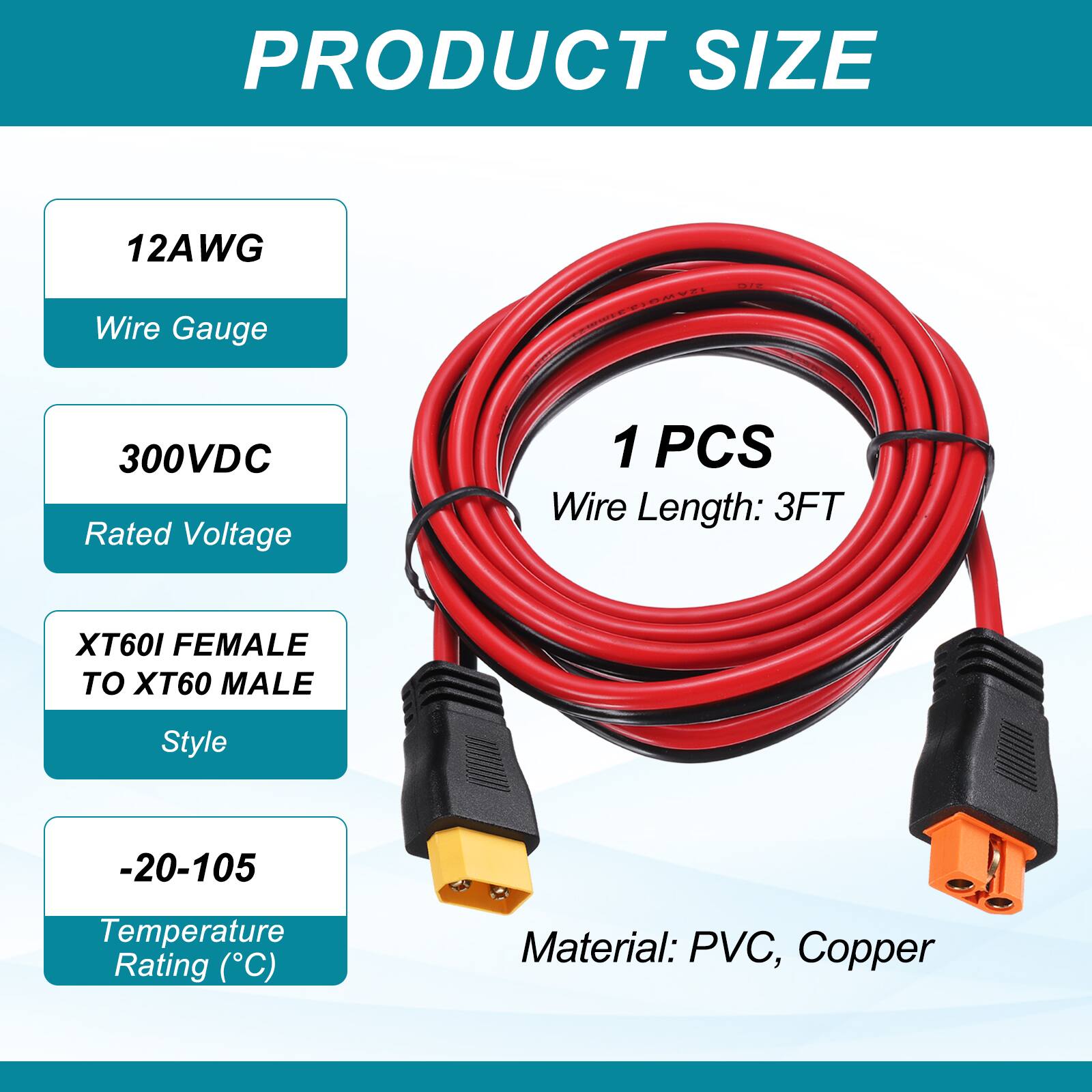 Unique Bargains 300VDC XT60 Extension Cable, 12AWG XT60i Female to XT60 ...