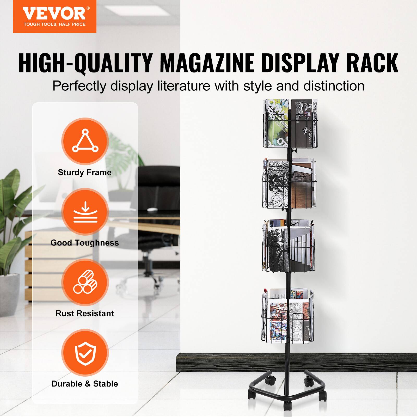 VEVOR Brochure Display Rack, 4 Tier 32 Pockets Rotating Magazine ...