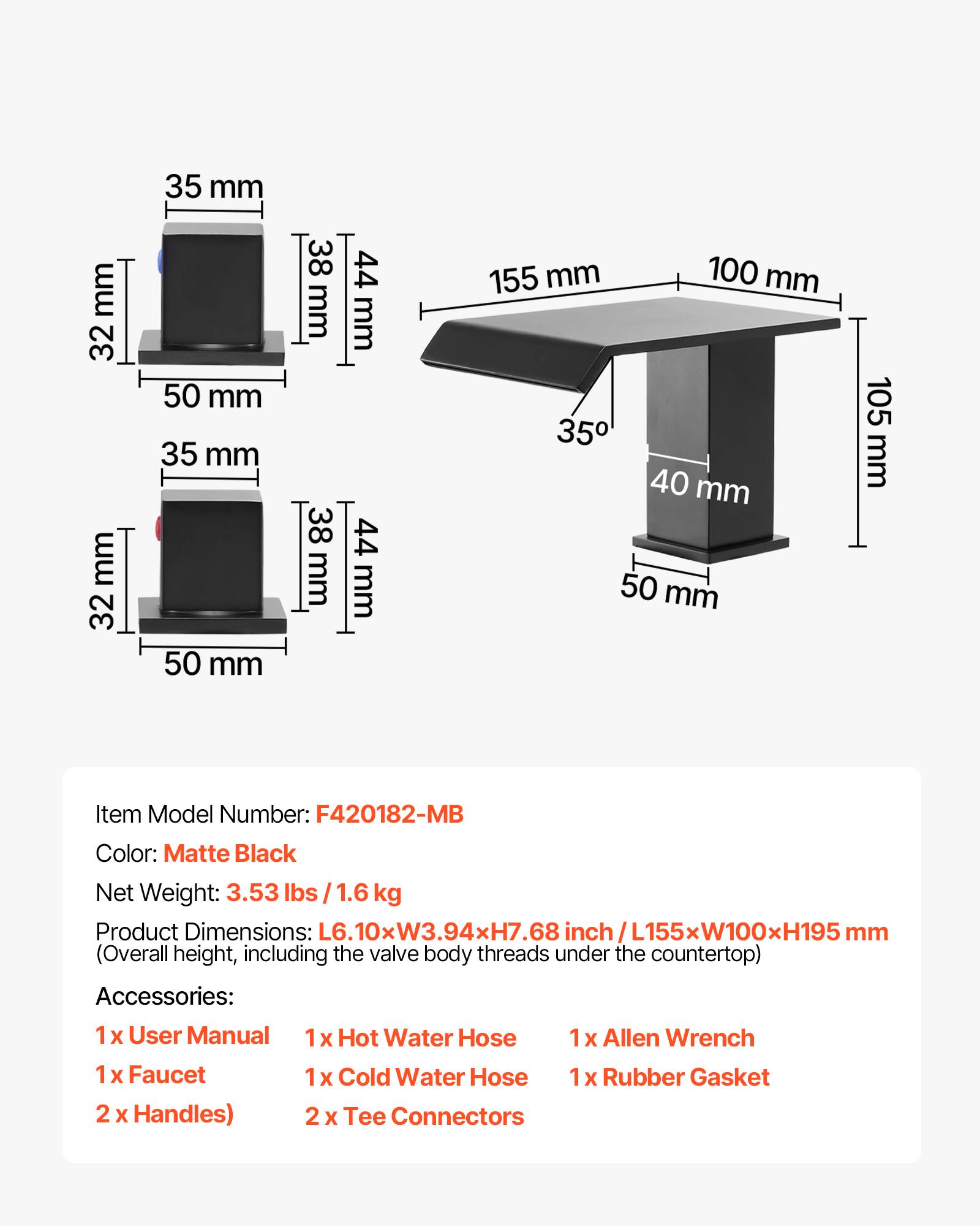 VEVOR Roman Tub Faucet, 3 Hole Waterfall Bathtub Faucet, Roman Bathtub ...