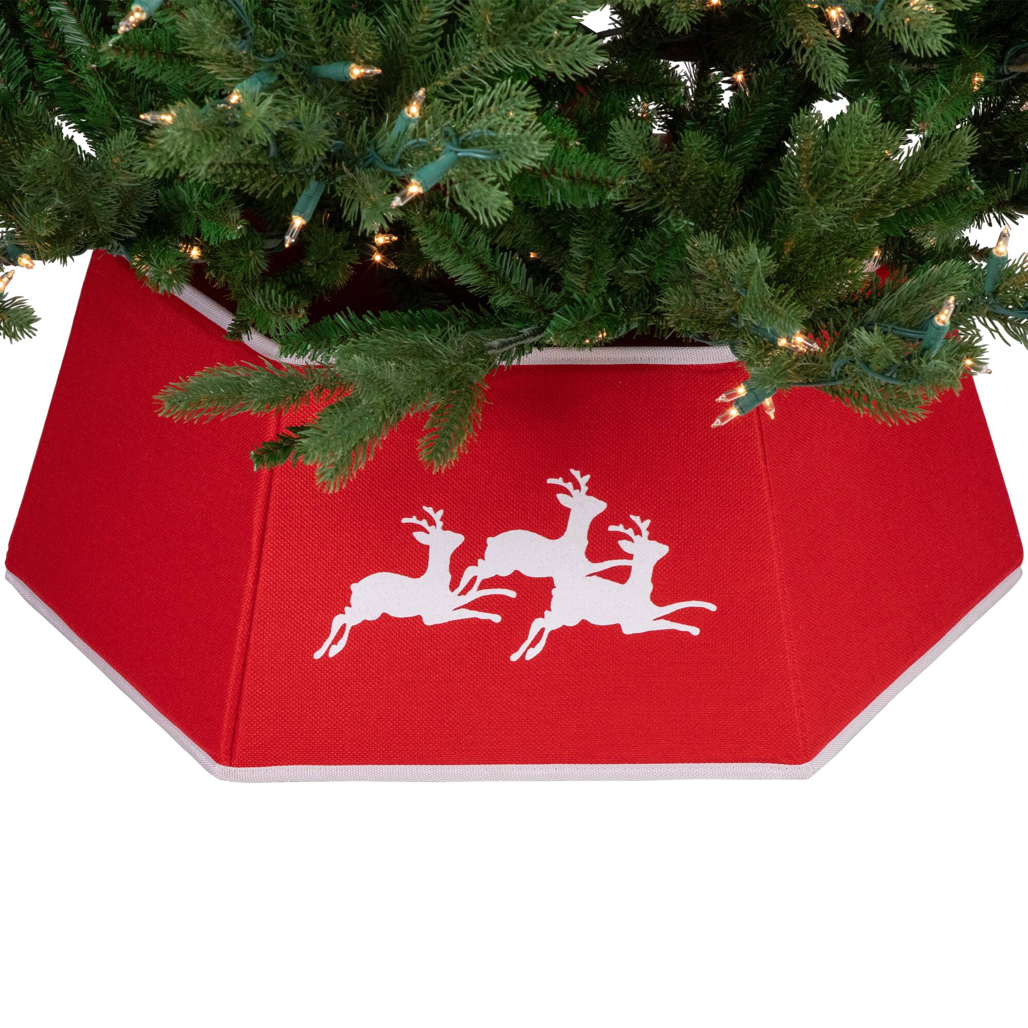 Northlight 26" Burlap with Reindeer Hexagonal Christmas Tree Collar Red ...