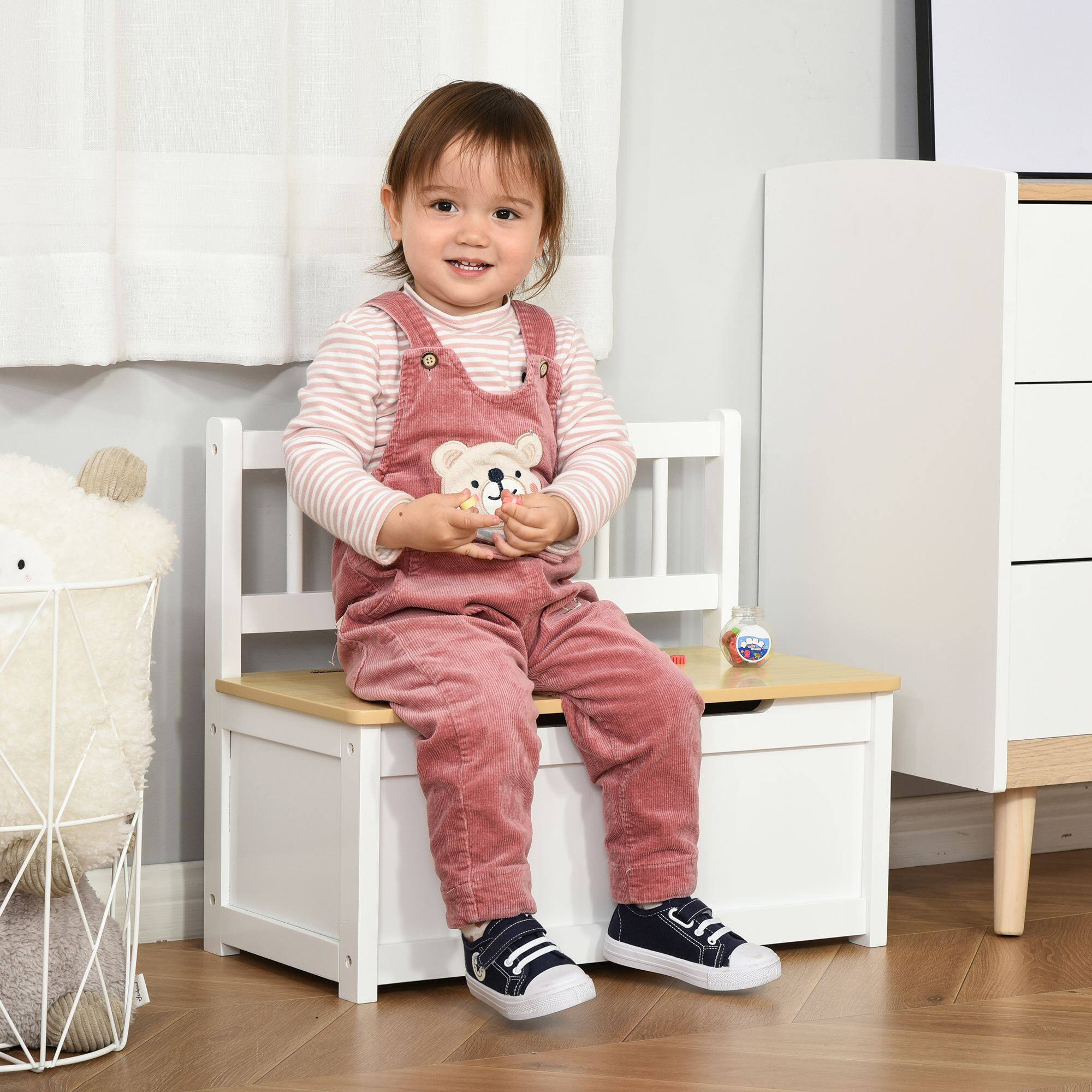 Qaba Kids Wooden Toy Organizer Chest Storage Box with Seat Bench ...