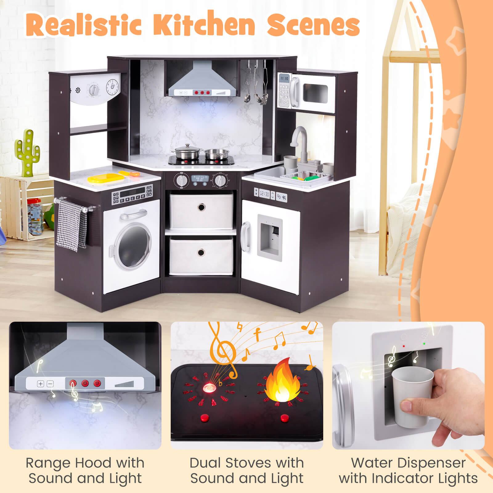 Costway Wooden Kids Play Corner Kitchen with Realistic Lights & Sounds ...
