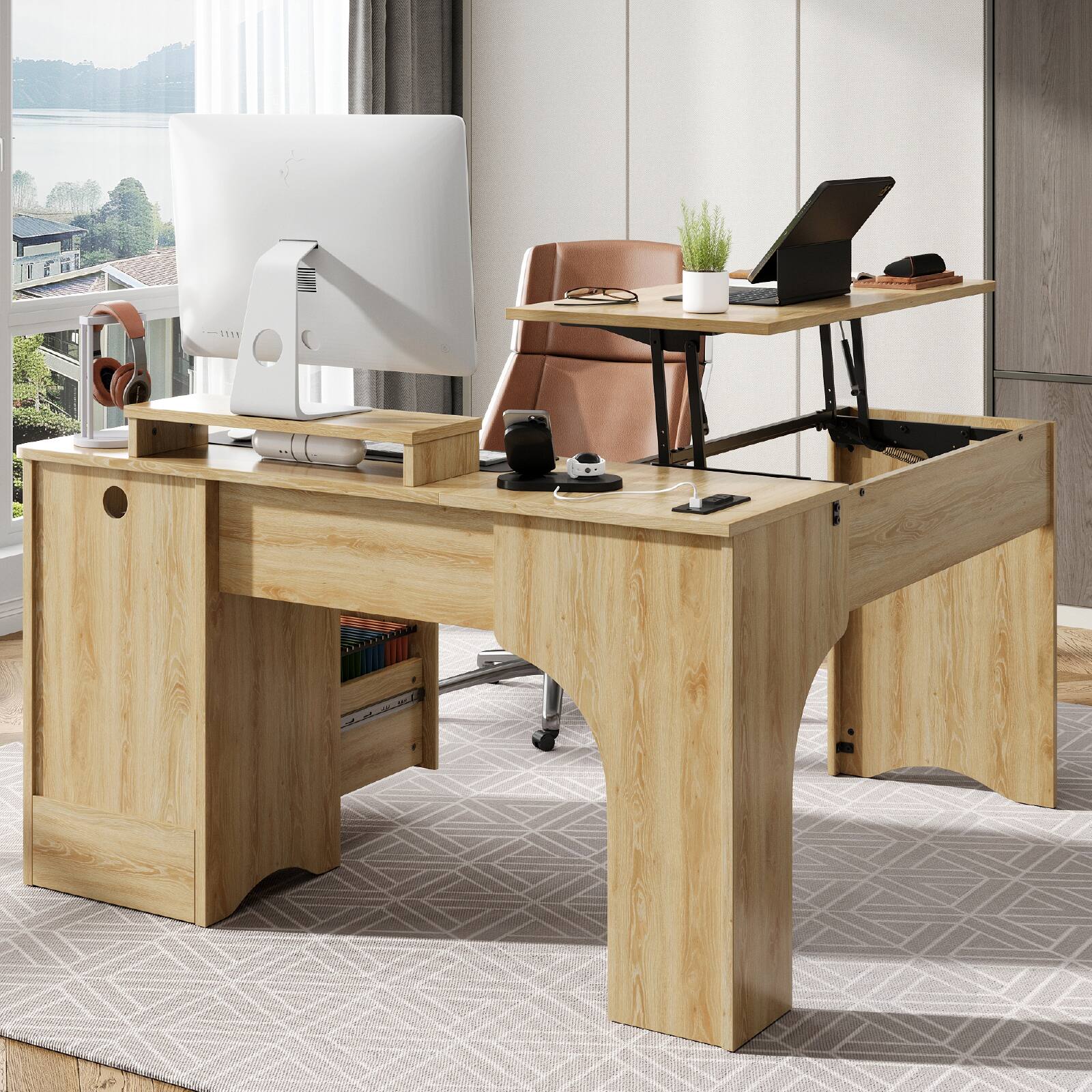 Bestier 55 inch L Shaped Computer Desk with Lift Top, Modern Office ...