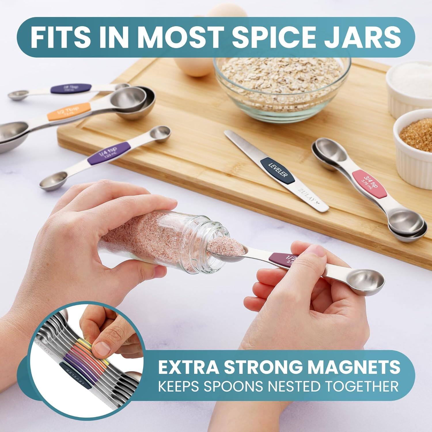 Zulay Kitchen Stainless Steel Measuring Spoon Set Stackable Magnetic ...