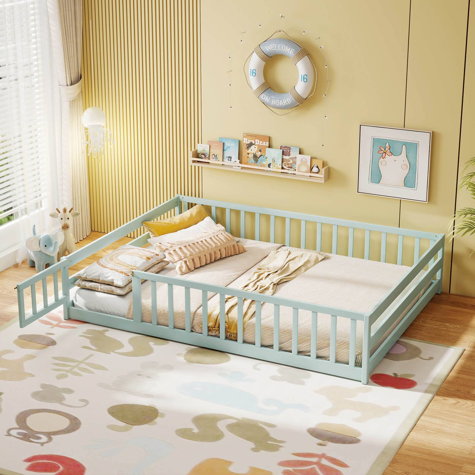 Costway Full Size Floor Bed with Full Length Safety Guardrails & Door ...