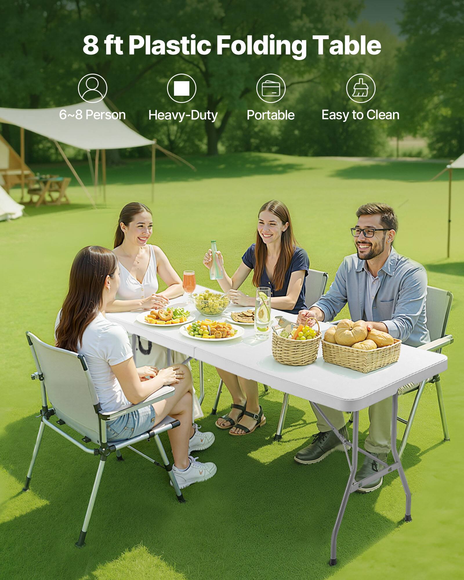 VEVOR Folding Table, 8 Ft Heavy Duty Portable Fold in Half Utility ...