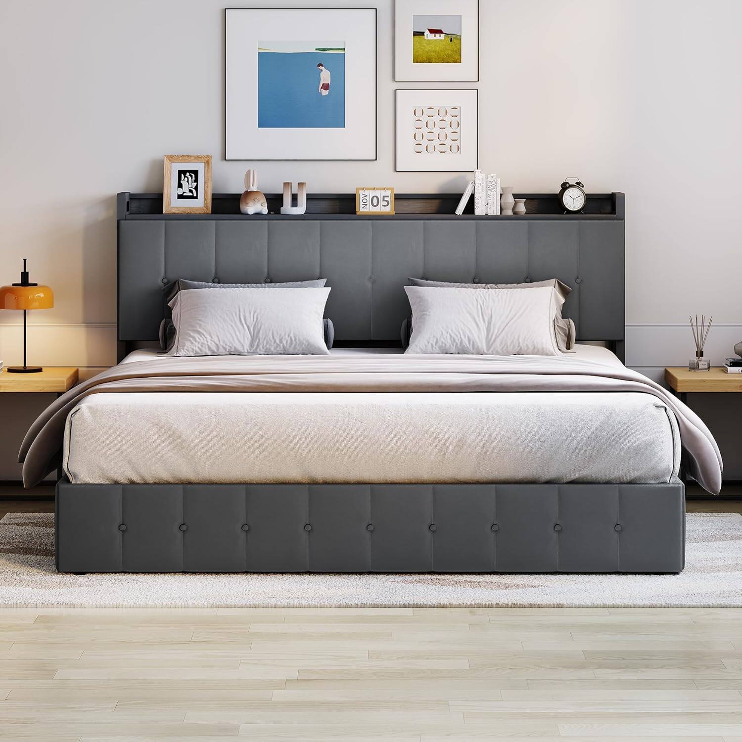 Homhougo King Upholstered Velvet Bed Frame with Lift Up Storage ...