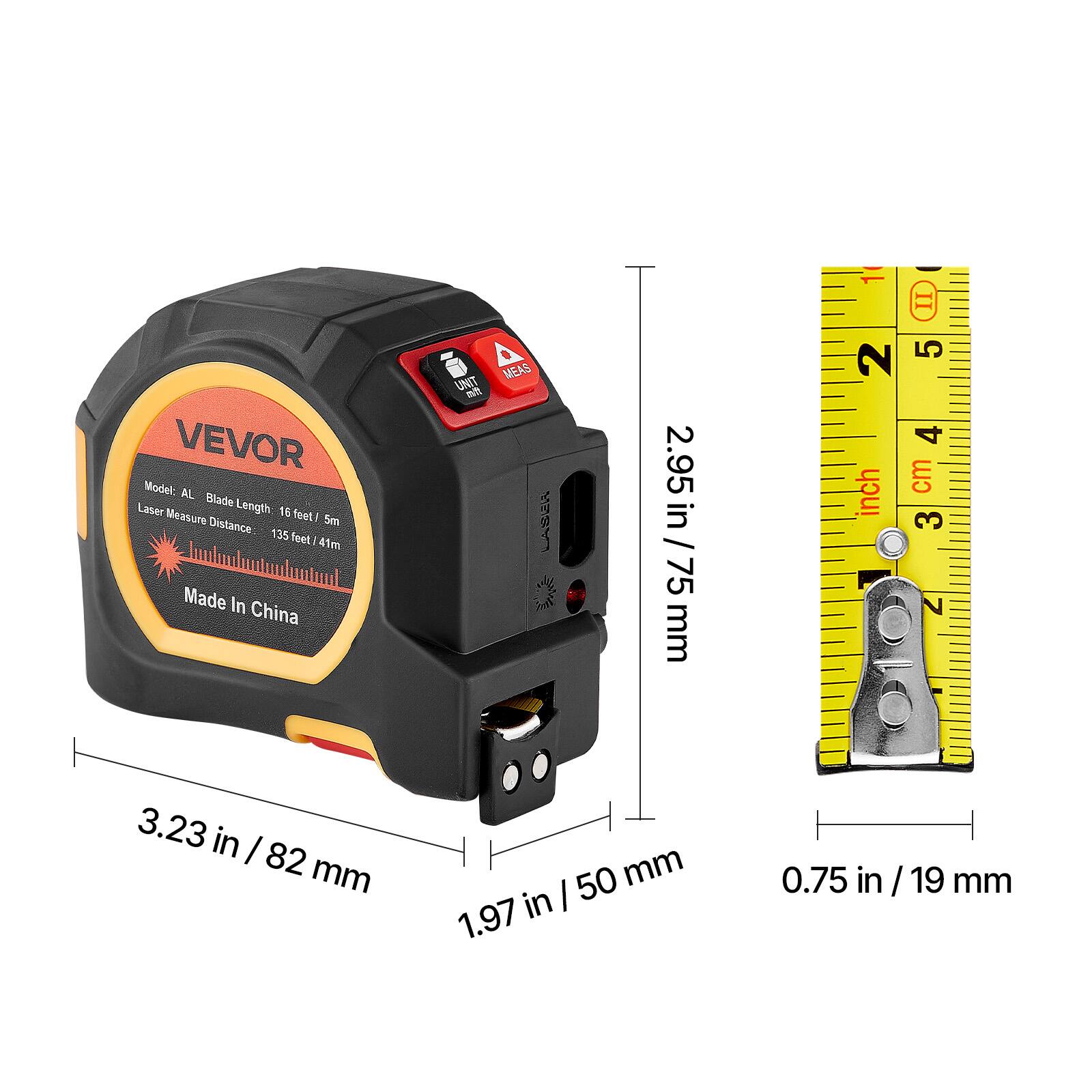 VEVOR 2 in 1 Laser Tape Measure, 135Ft Rechargeable Laser Measurement Tool & 16Ft Measuring Tape ...