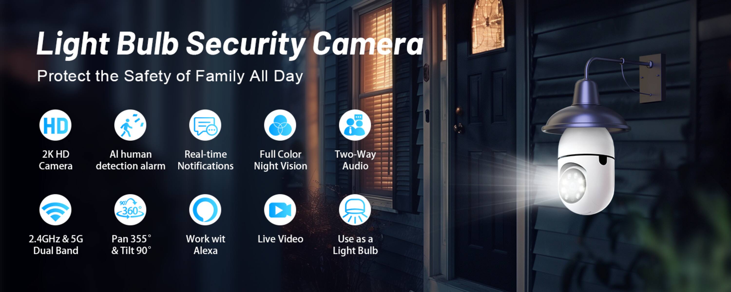 Wrightmaster 360° 2K Outdoor Light Bulb Security Camera with Color ...