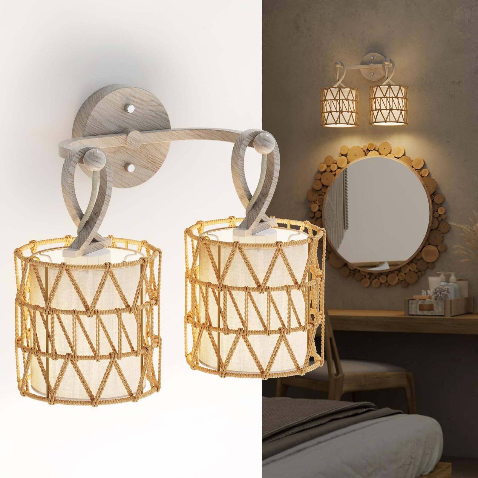 TECH SAFARI N Boho Rattan Wall Sconces Dimmable Paper Cord Mounted ...