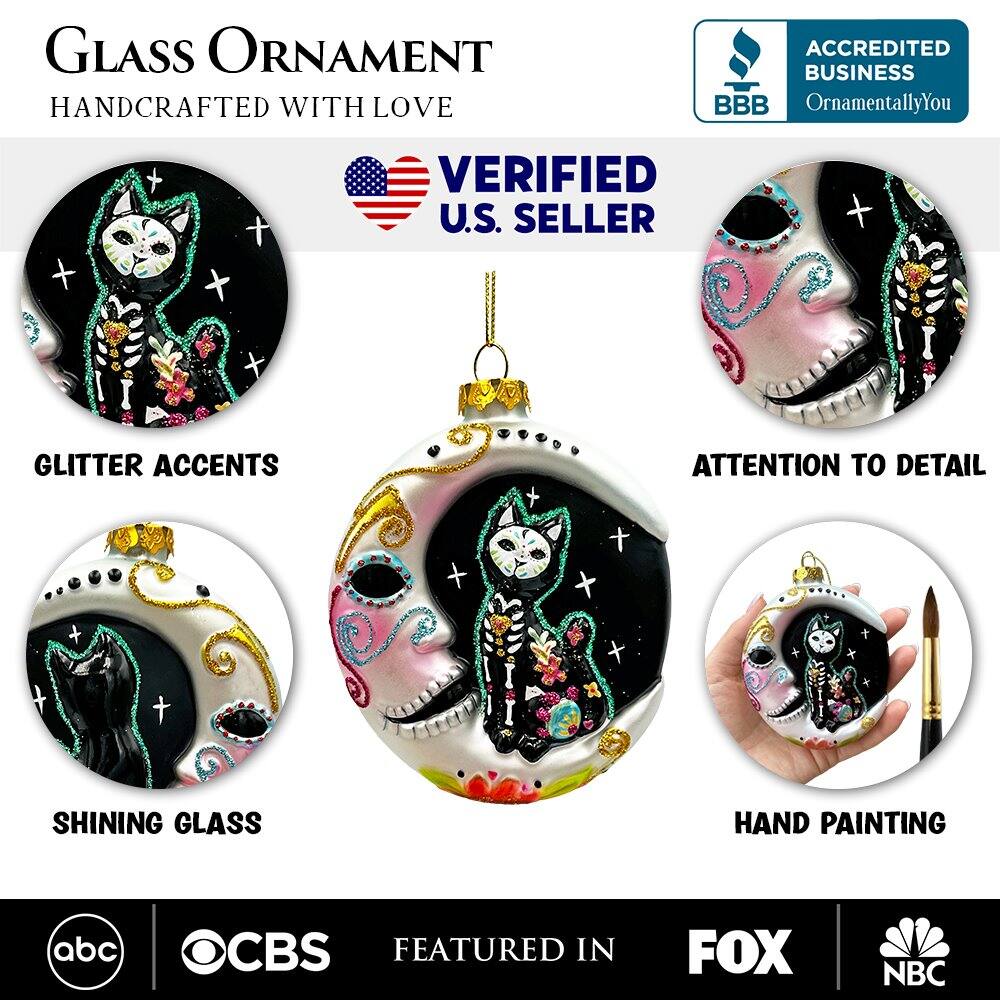 OrnamentallyYou Folkloric Siamese Cat Sugar Skull Glass Ornament ...