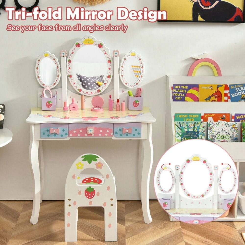 Pefilos Kids Vanity Princess Makeup Dressing Table Chair Set with Tri ...