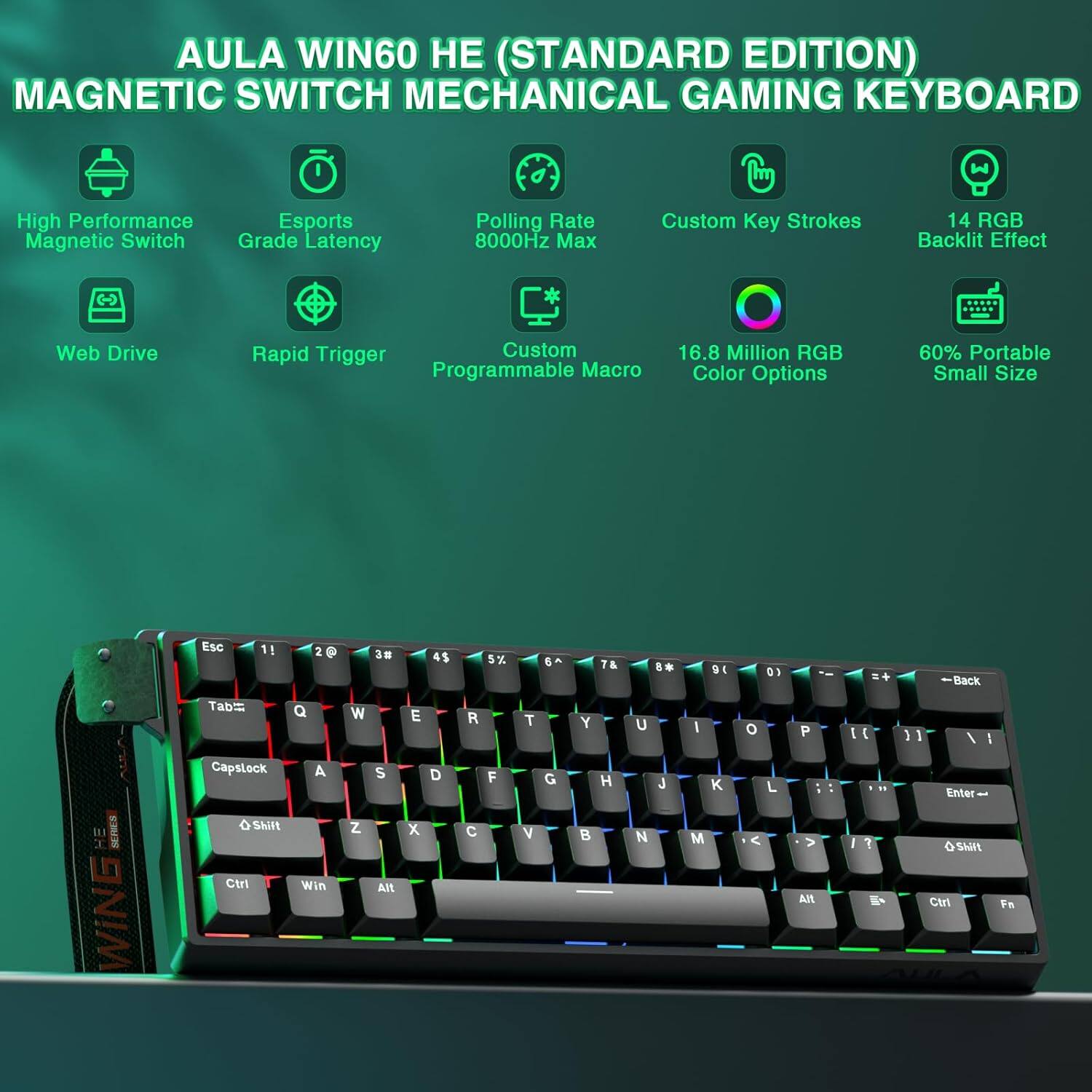 AULA WIN60 HE 60 Key Wired Hall Effect Magnetic Gaming Keyboard, RGB ...