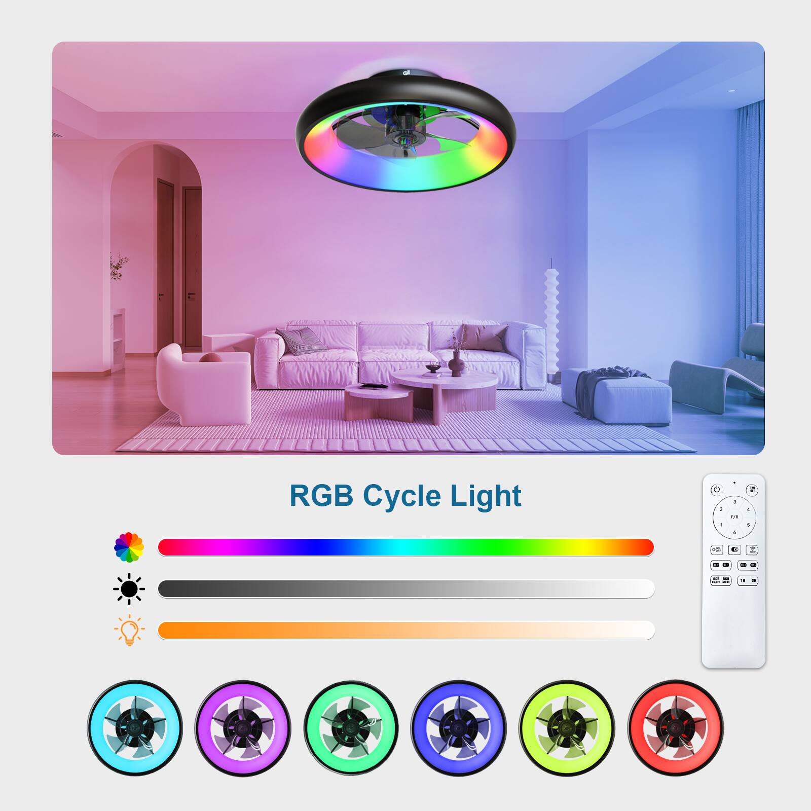 Loheer Ceiling Fan with Light, RGB Low Profile Flush Mount, Remote App ...