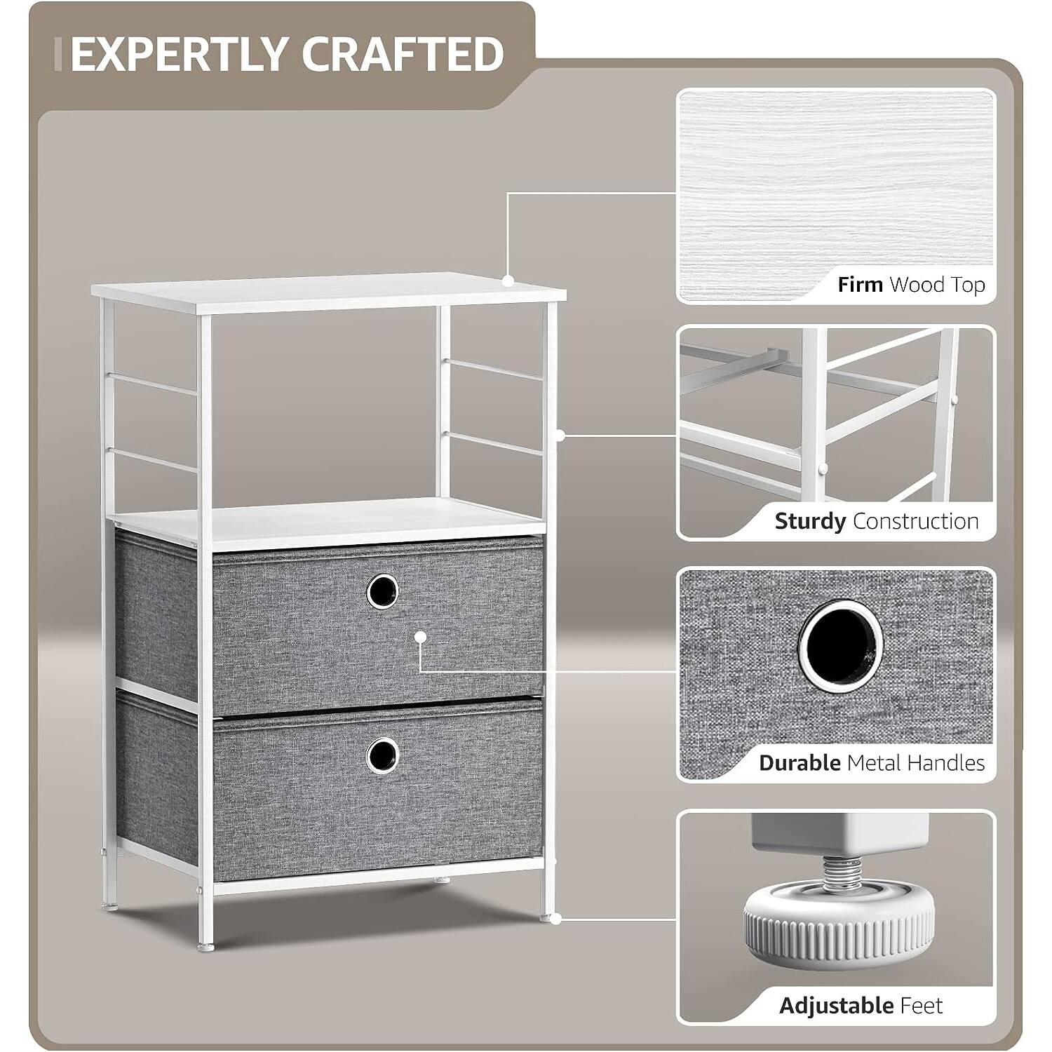 Sorbus Nightstand with 3 Drawers Steel Frame, Wood Top &Fabric Bins ...