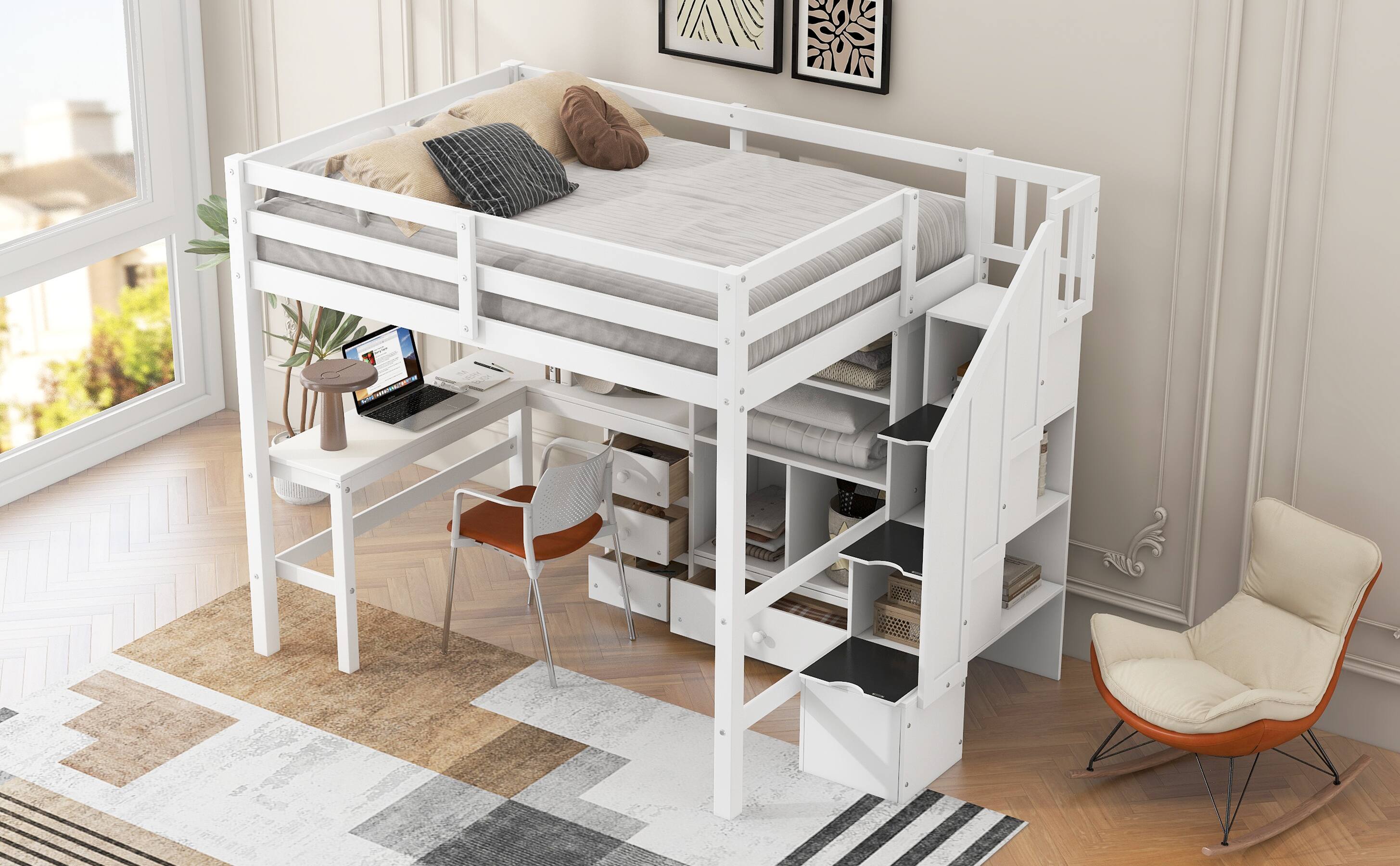 Tiramisubest Full Size White Pine Loft Bed with L Shaped Desk, Drawers ...