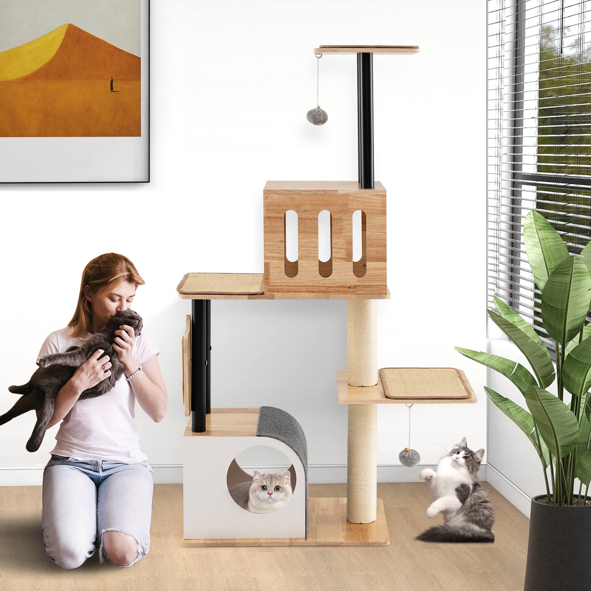 Gymax Wood Cat Tree w/Dual Cat Condos Sturdy Metal Tubes Frame Sisal ...