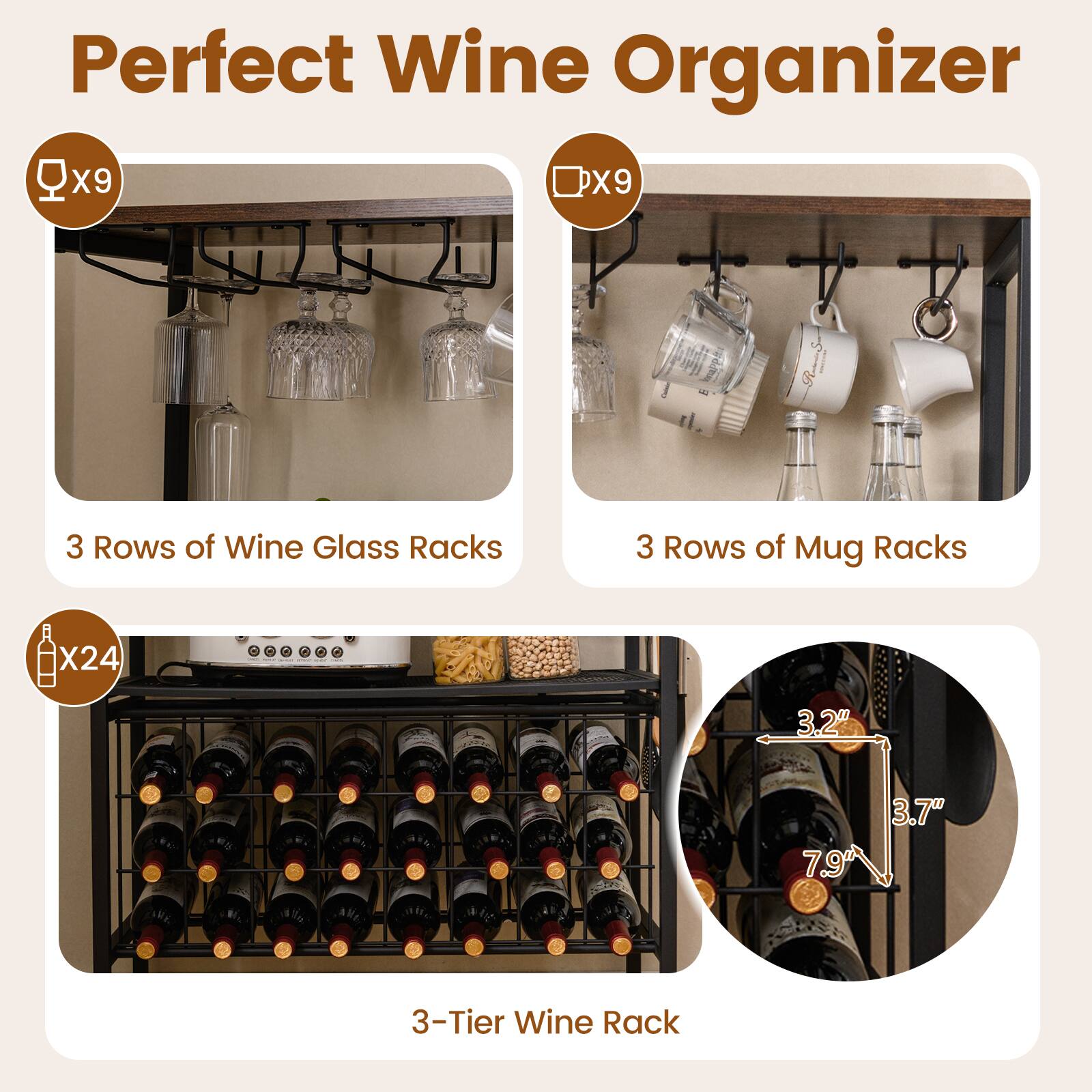 Gymax 3 Tier Wine Rack Coffee Bar Station w/Power Outlets Hooks Glass ...