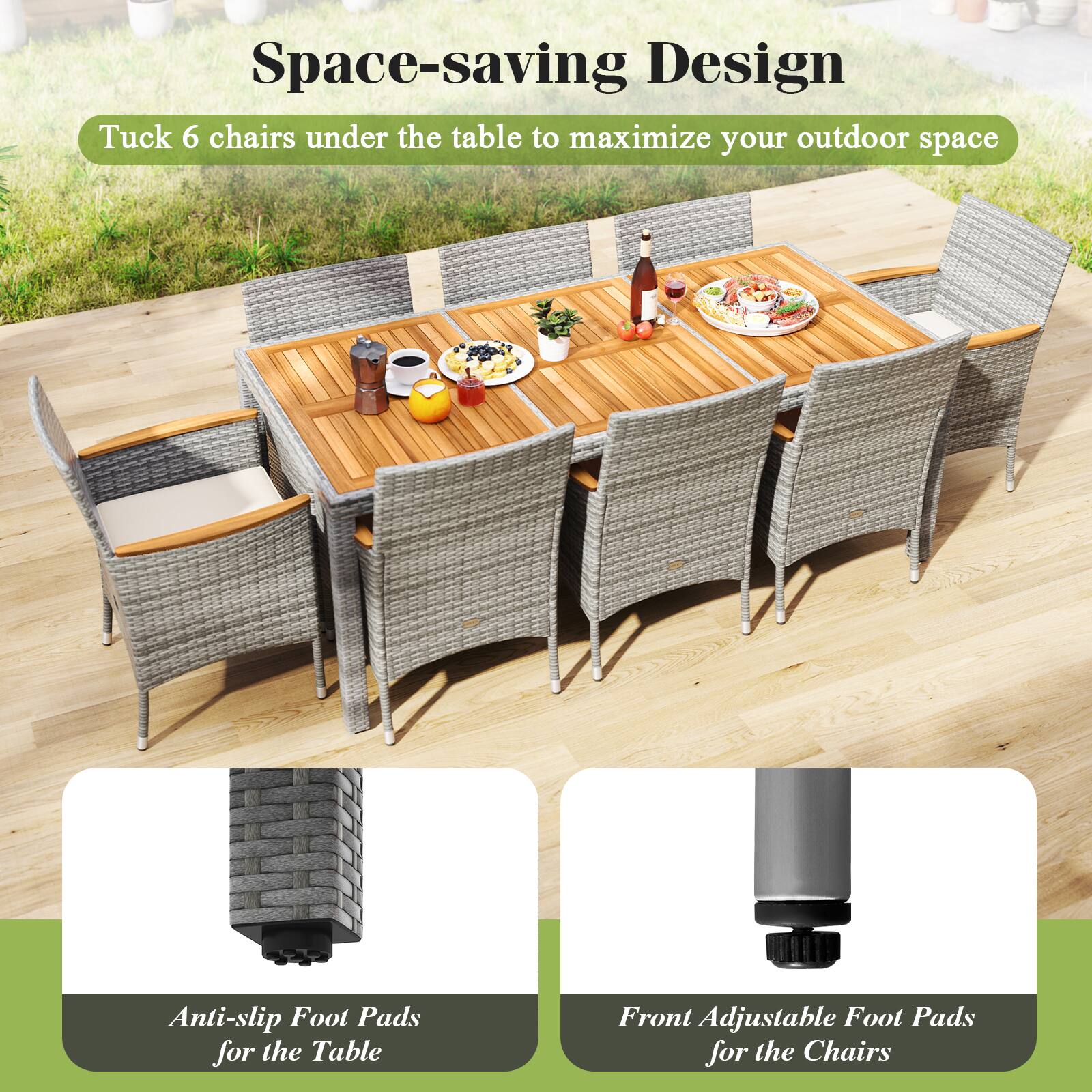 Gymax 9 Pieces Patio PE Wicker Dining Set Outdoor Acacia Wood Table ...