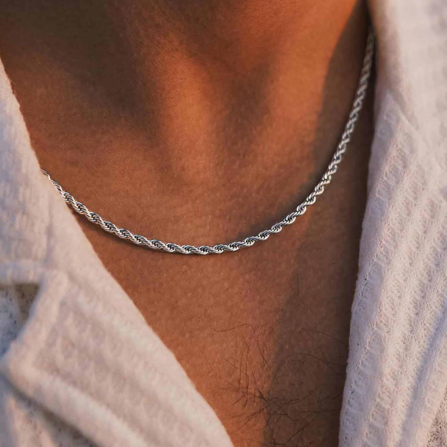 Live At Space Men's Silver Rope Chain 4mm 22 Inch Waterproof Necklace RANKEEF 2/3/4mm Rope Chain ...