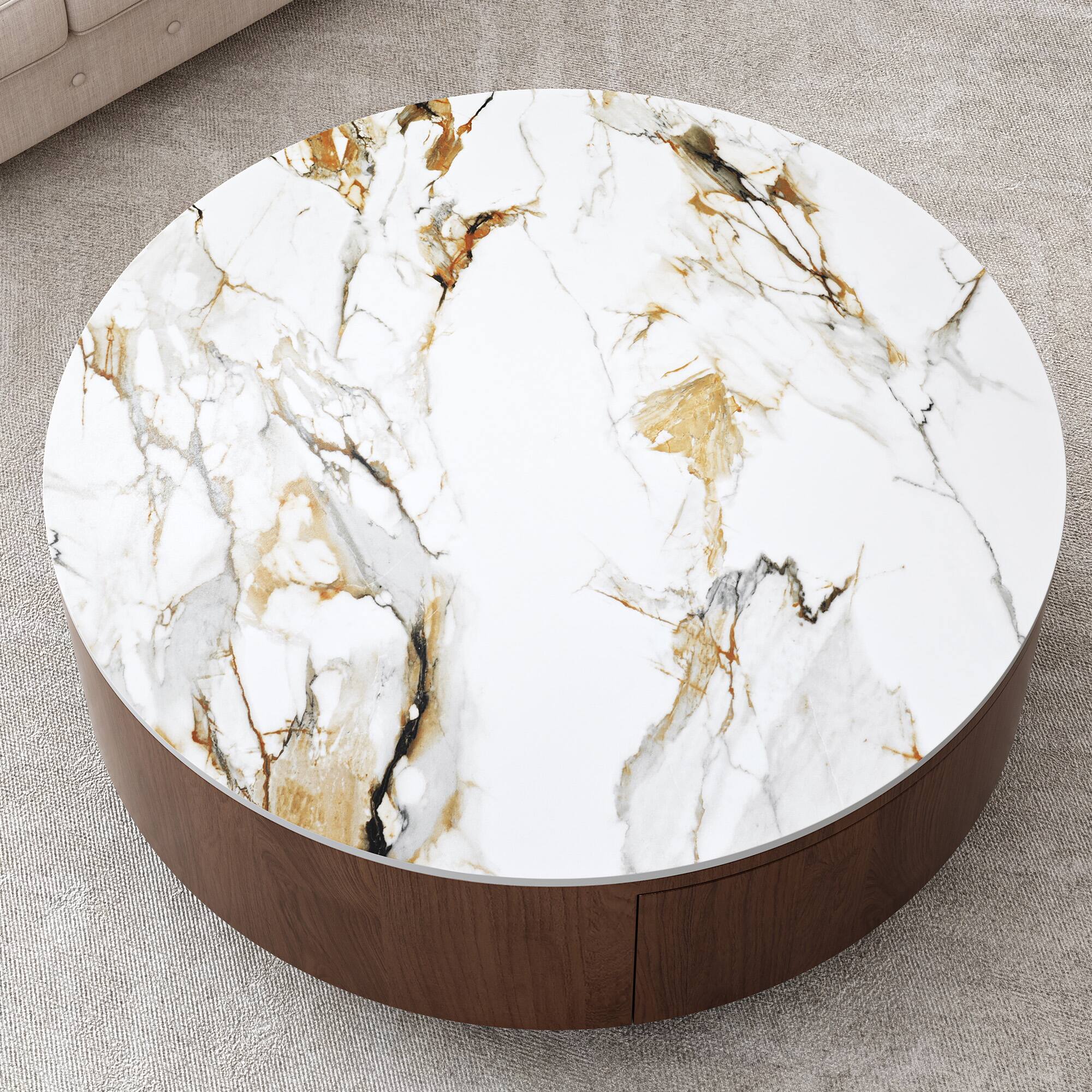 Chery Life Rustic Round Coffee Table with 2 Drawers and Sintered Stone ...