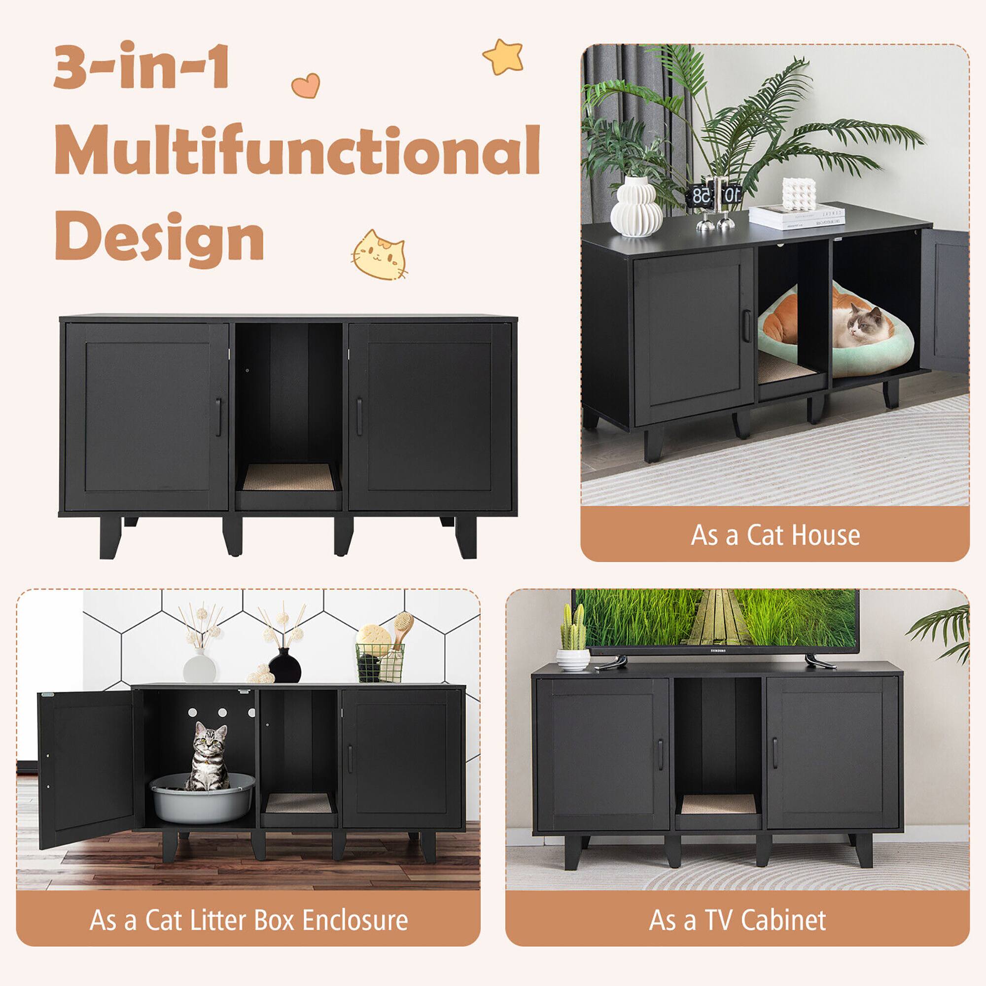 Gymax Cat Litter Box Enclosure TV Stand Cabinet Hidden Cat House Washroom W/ 2 Doors Black ...