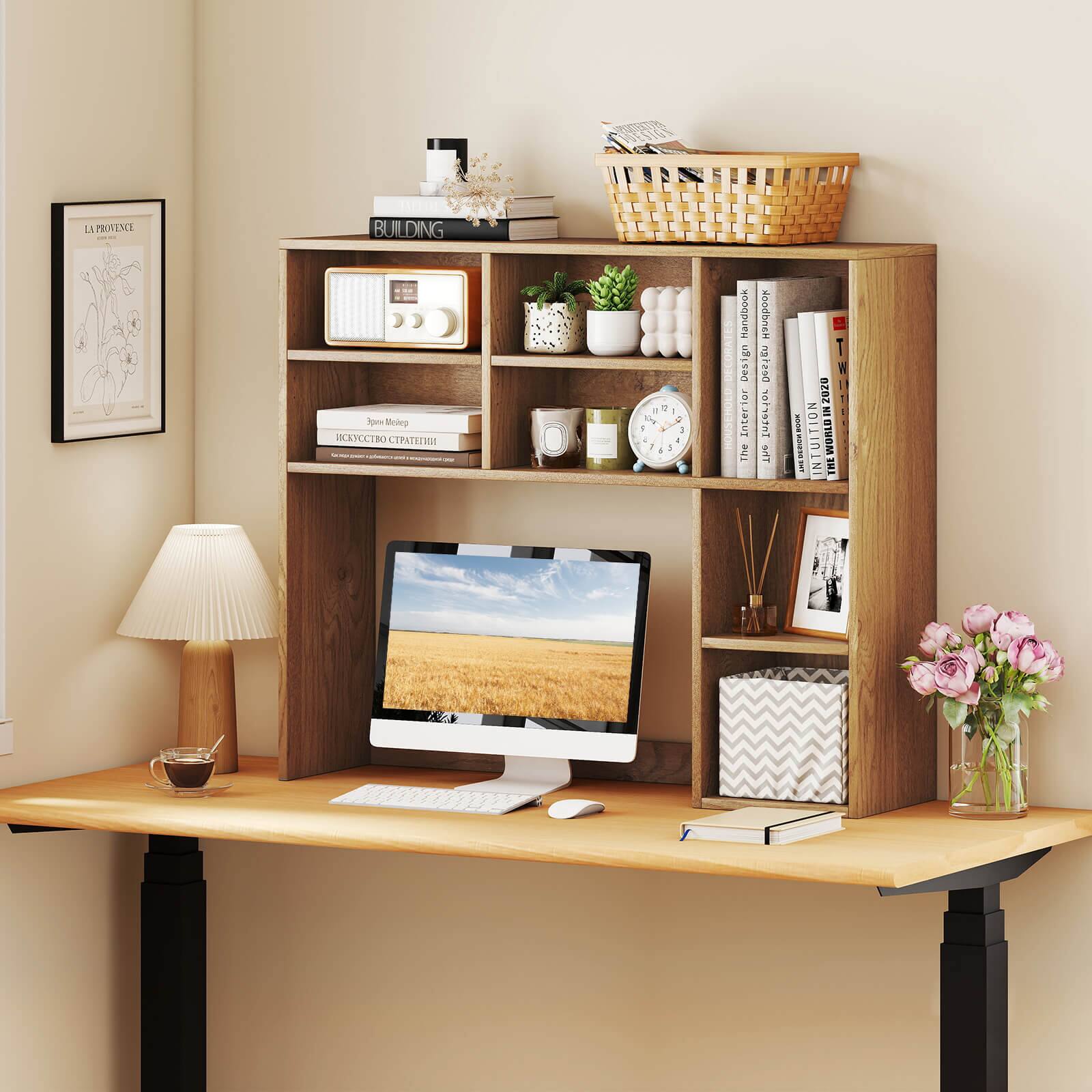 Costway Desktop Bookshelf Desk Storage Hutch with 7 Open Cubbies & 3 ...