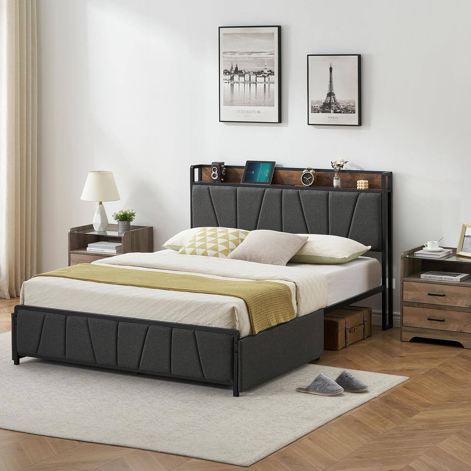 Jojoka Queen Bed Frame with Storage Headboard, 2 Drawers, Charging ...