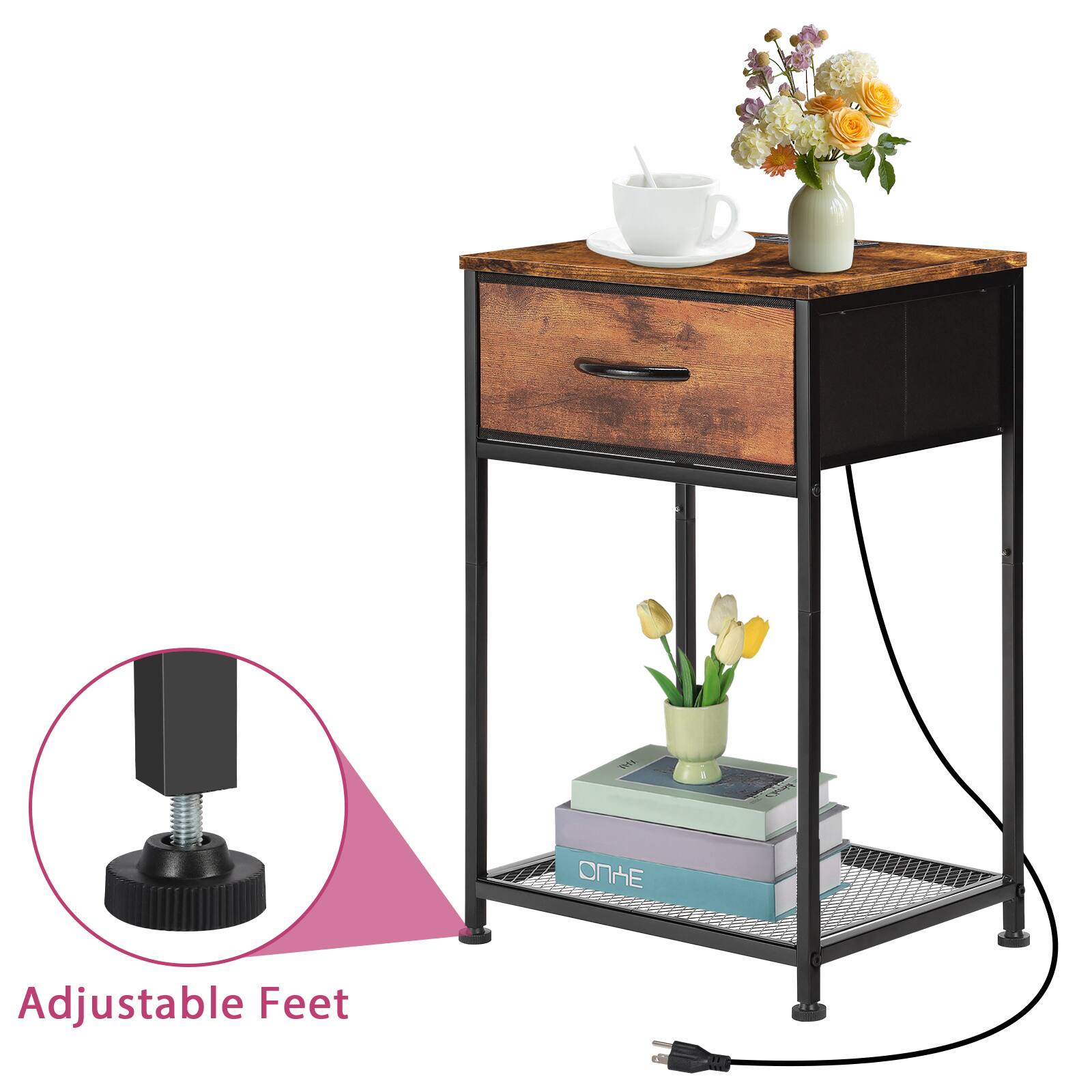 Oumilen Set of 2 Nightstands with Charging Station, Industrial End ...