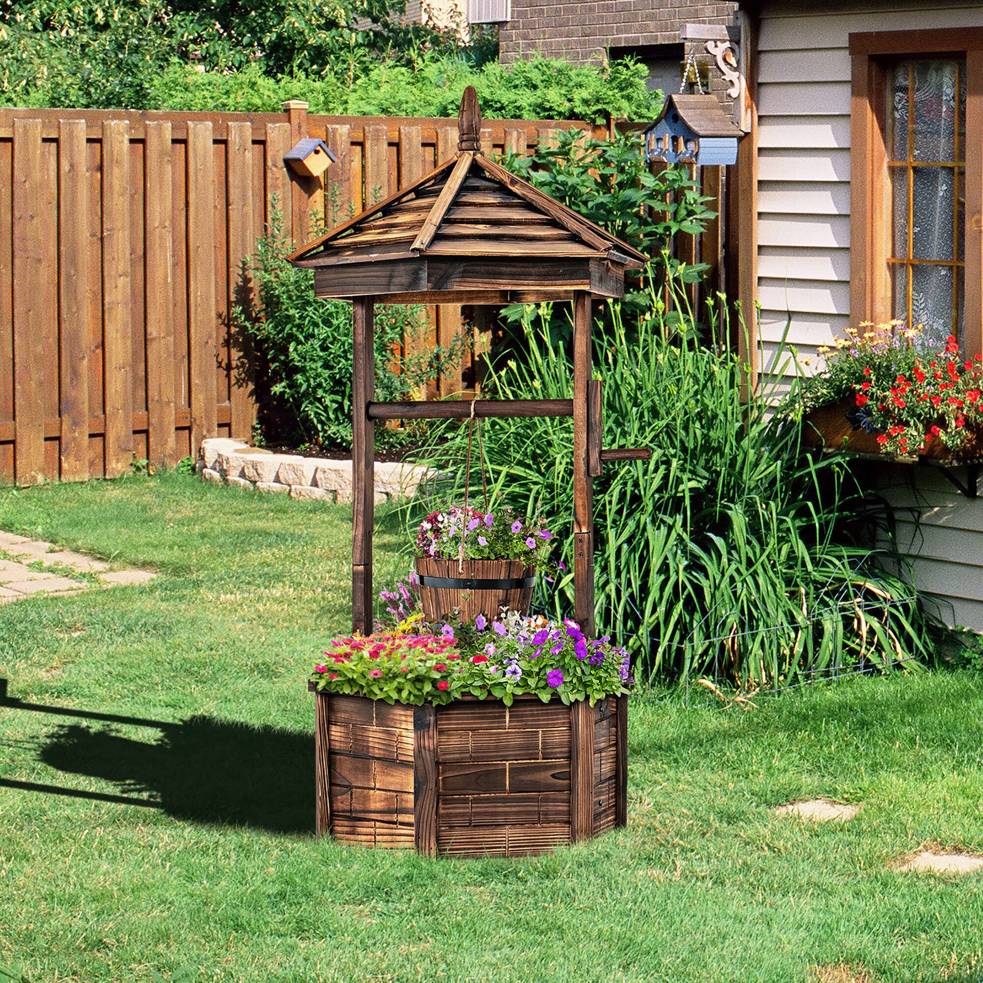 Costway Wooden Wishing Well Hexagonal Bucket Flower Plants Planter ...