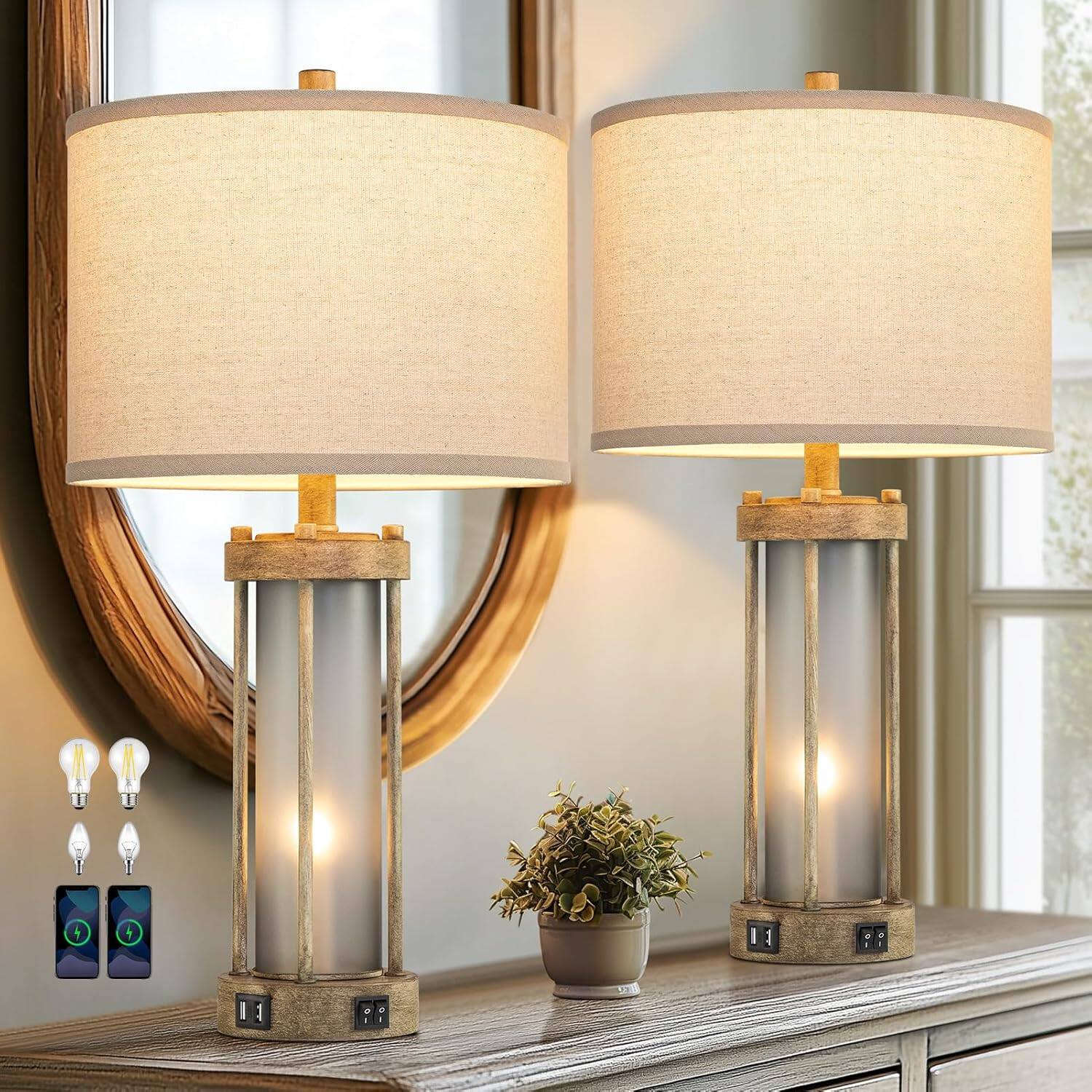 Cozy Serene brown Lamp Desk Lamp USB Vintage LED Glass Farmhouse Table ...