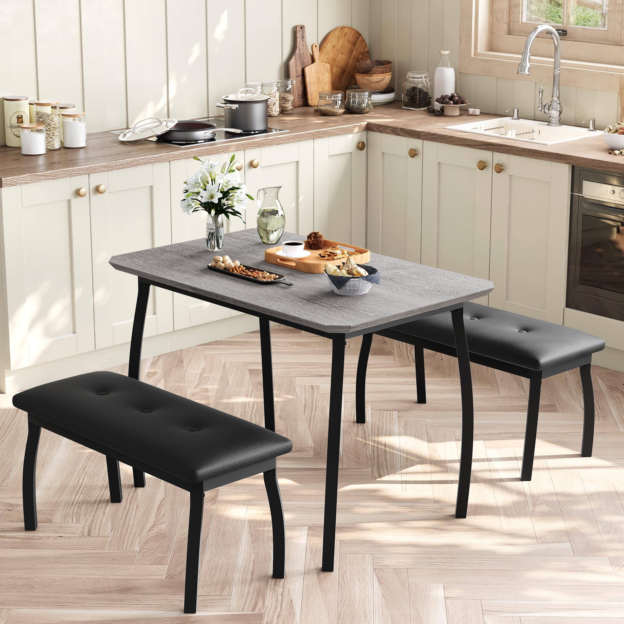 Babevy Farmhouse Dining Table Set for 4, Compact Rustic Kitchen Table ...