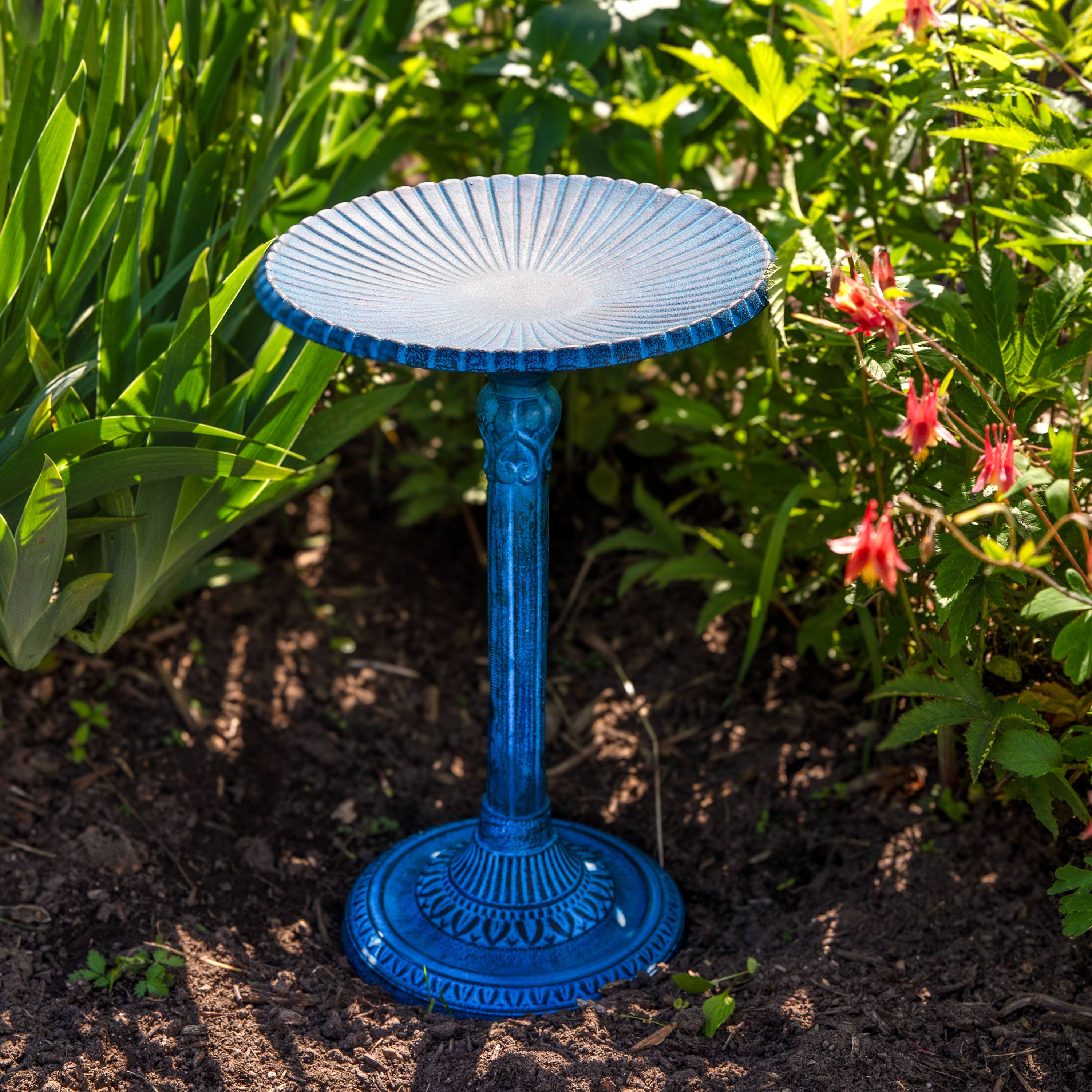 Sunnydaze Art Deco Sunburst Metal Bird Bath 14 in Blue Patina NOB-073 ...