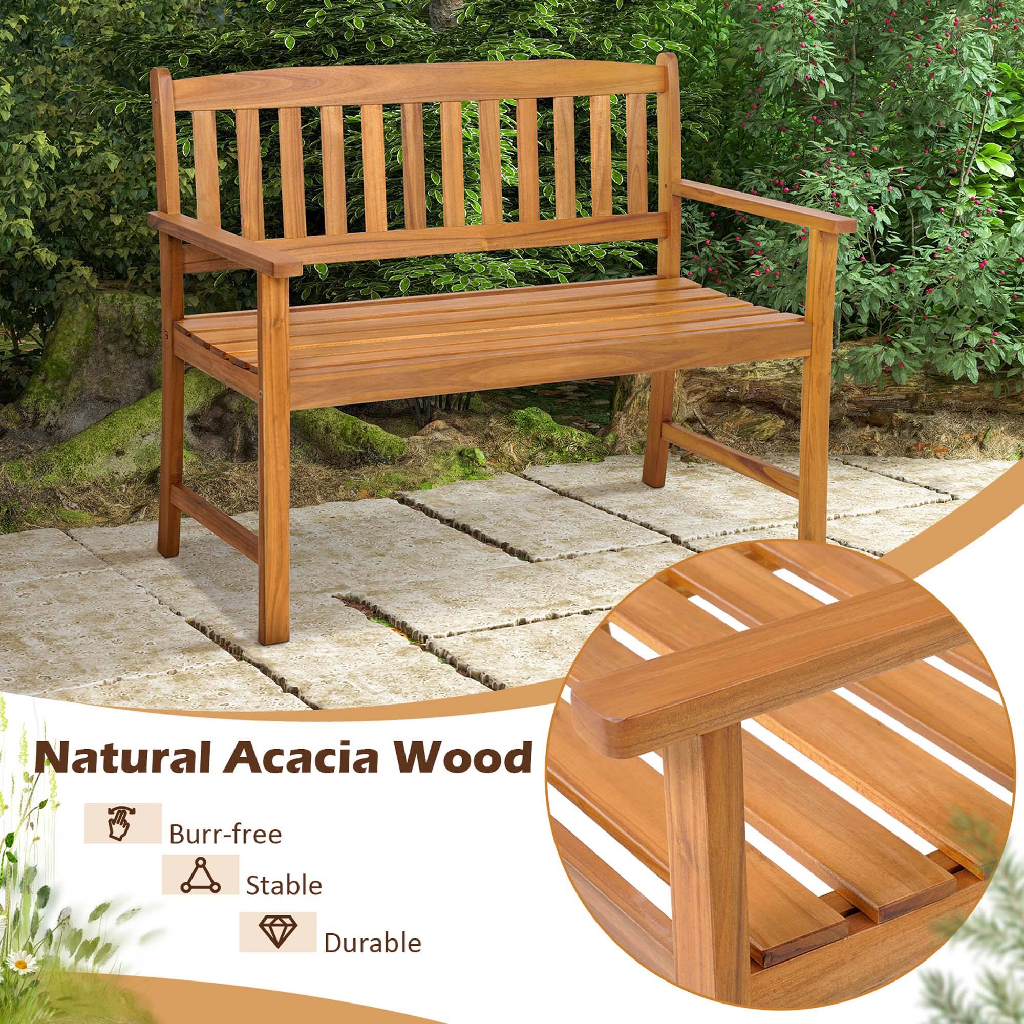 Costway Patio Acacia Wood Bench 2 Person Slatted Seat Backrest 800 Lbs ...
