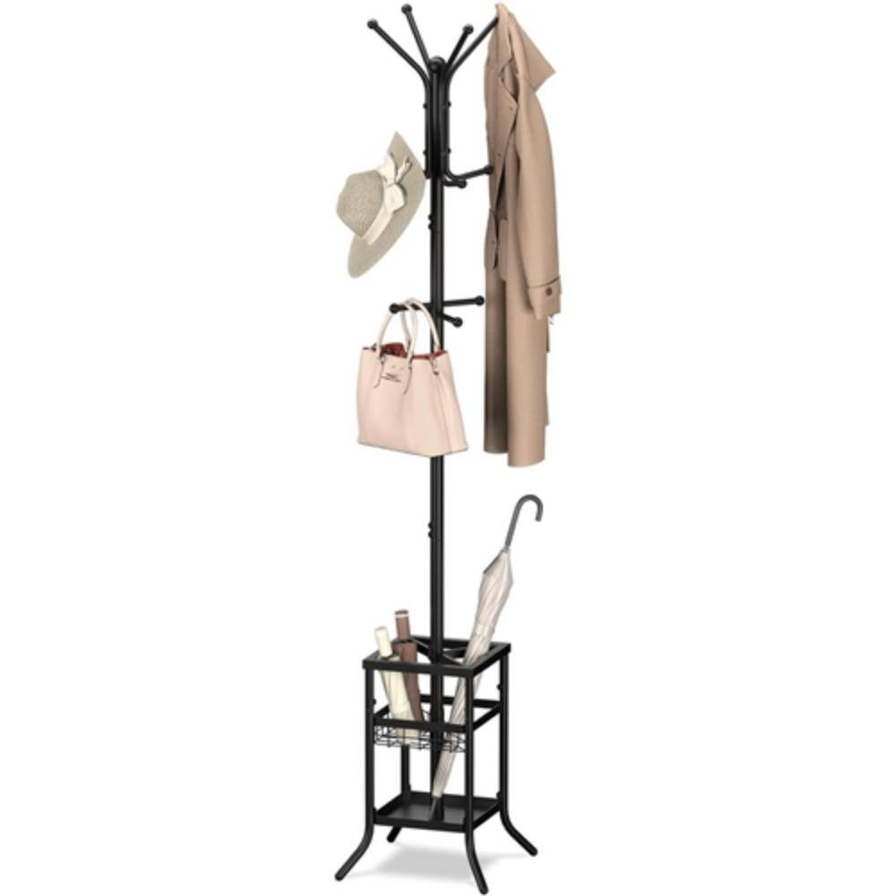 Hivvago Metal Coat Rack Entryway Hall Tree with Umbrella Holder Black ...