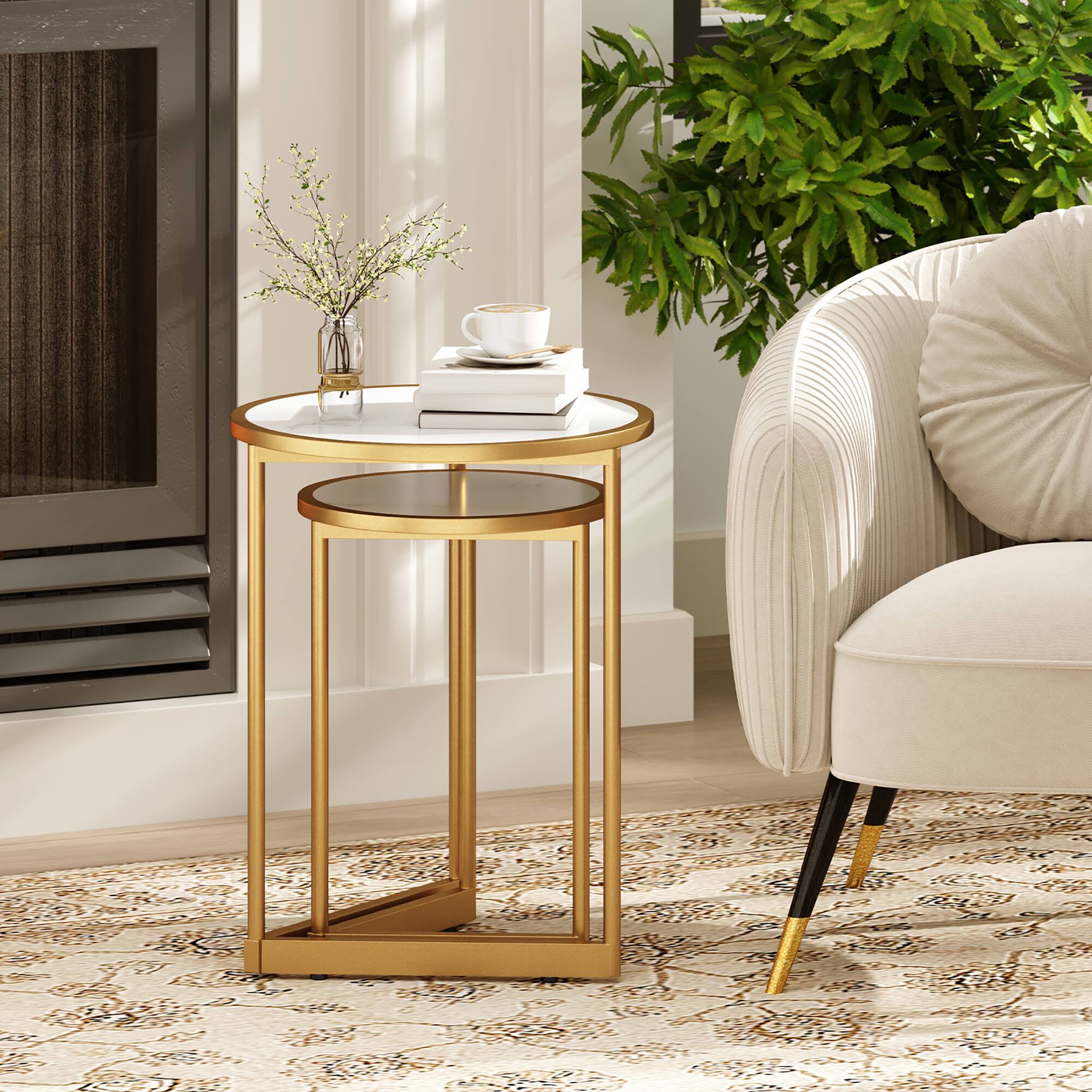 Gymax Round Nesting Side Table Set of 2 Stacking Coffee Tables w/ Faux ...