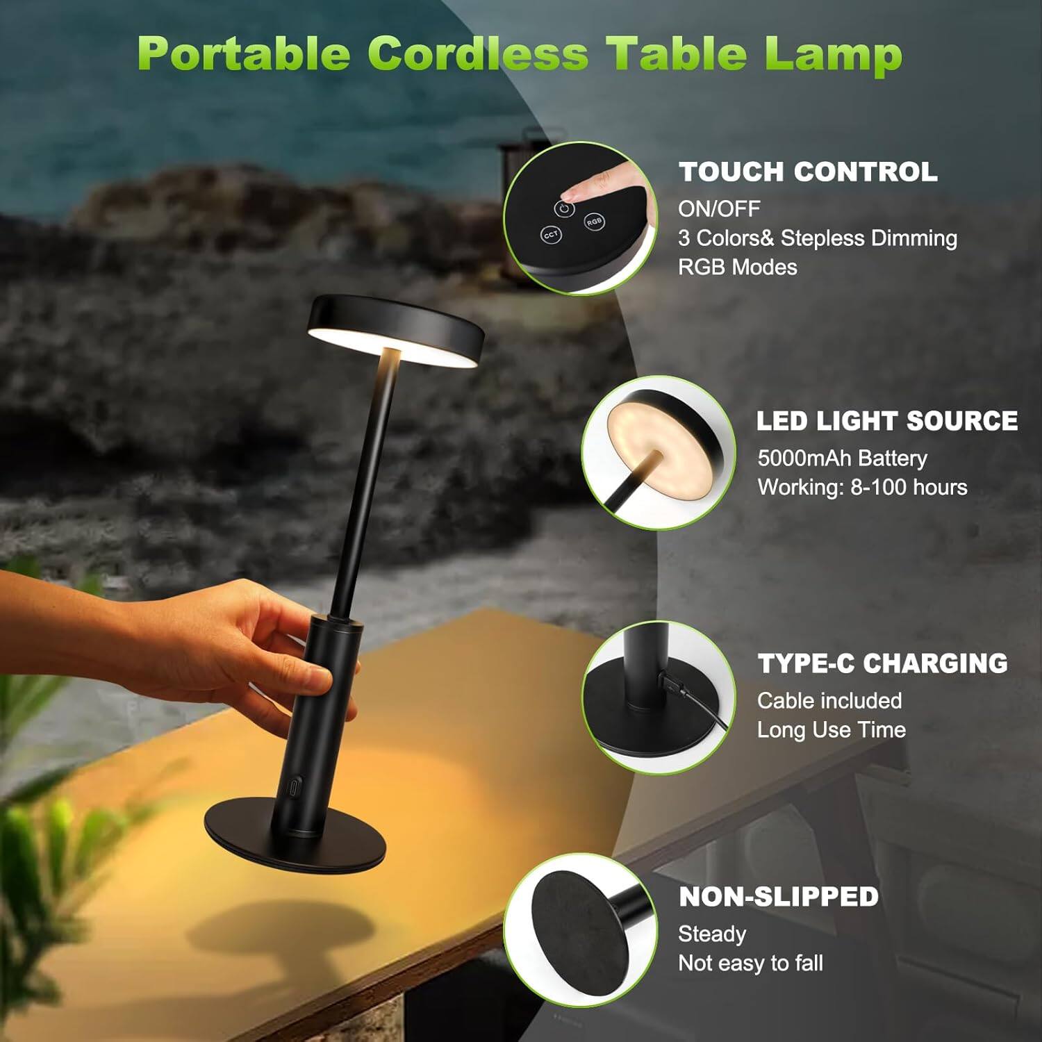 Stamp n Camp Cordless Table Lamps Rechargeable 5000mAh Battery Operated ...