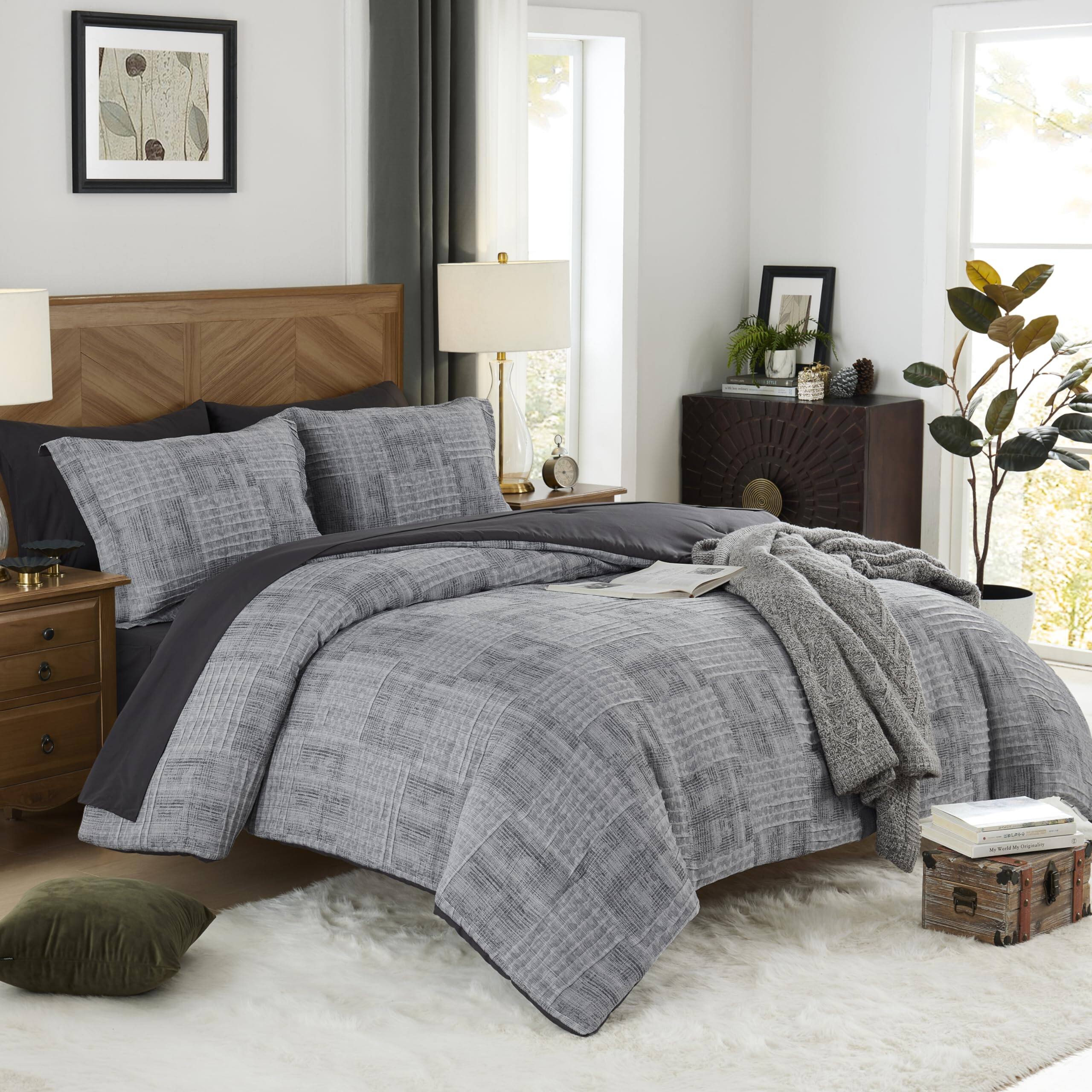 Paradigms Interiors Charcoal Comforter Set Textu Design Crinkle Bed In A Bag Size With 7 Pieces ...