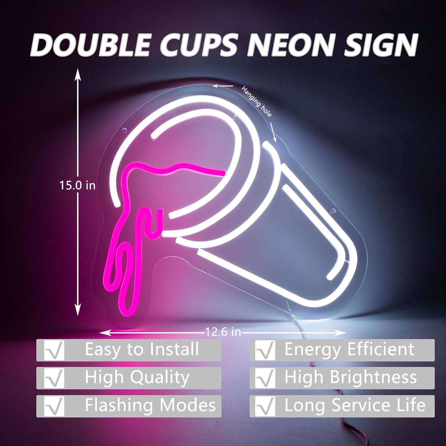 Auledio Moodion Double Cups Neon Sign for Wall Decor, Dimmable Pink ...