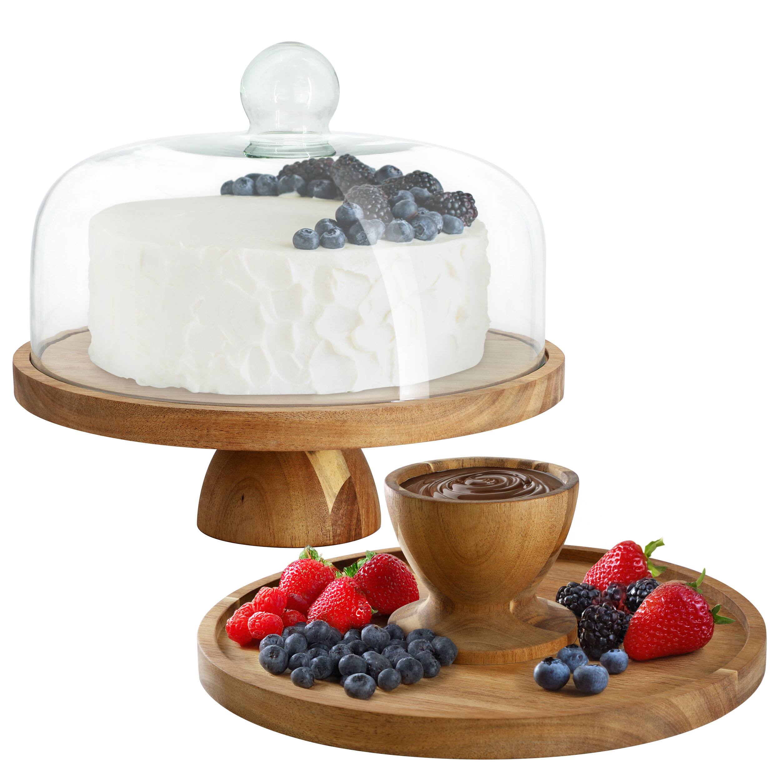 MegaChef Acacia Wood Multi Function Cake Stand with Glass Dome Lid ...