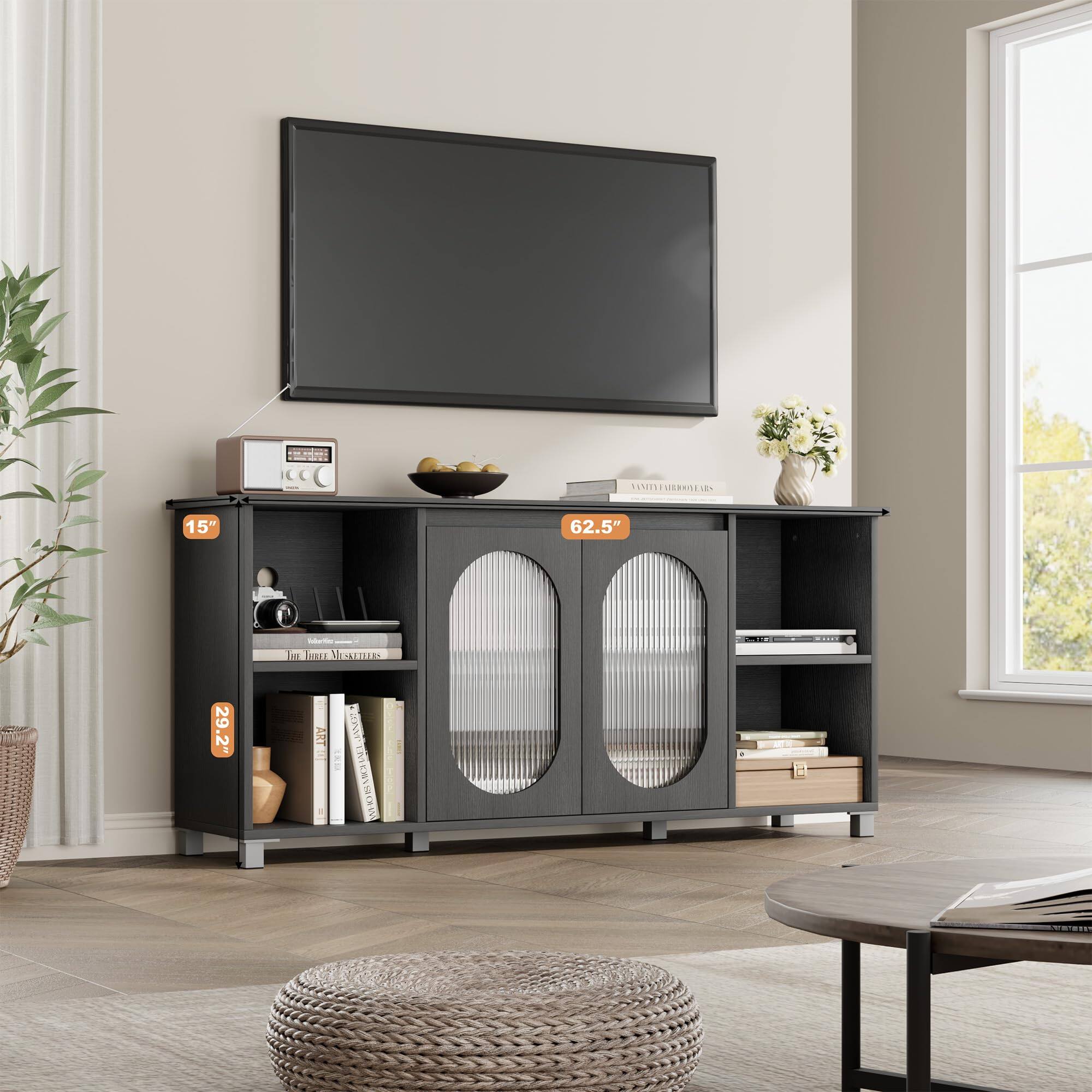 Jojoka 62.6" Modern TV Stand for 70 Inch TV, Corrugated Glass Doors, 4 ...