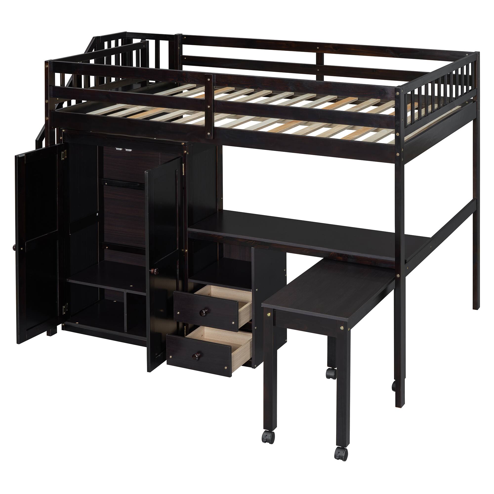 Tiramisubest Full Size Loft Bed with Furniture Espresso, Solid Wood+MDF ...