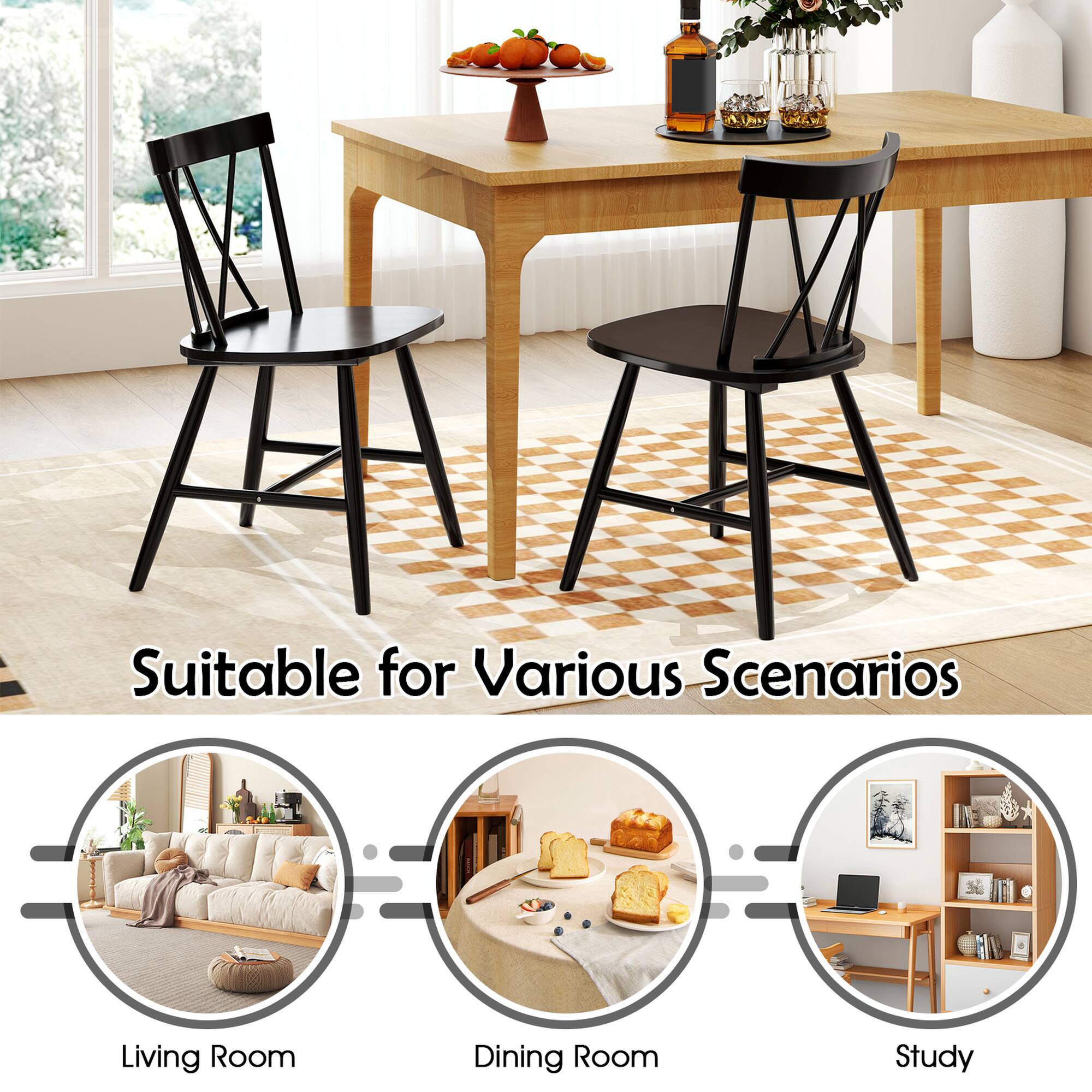 Costway Dining Chairs Set of 2 Farmhouse Kitchen Chair with Rubber Wood ...